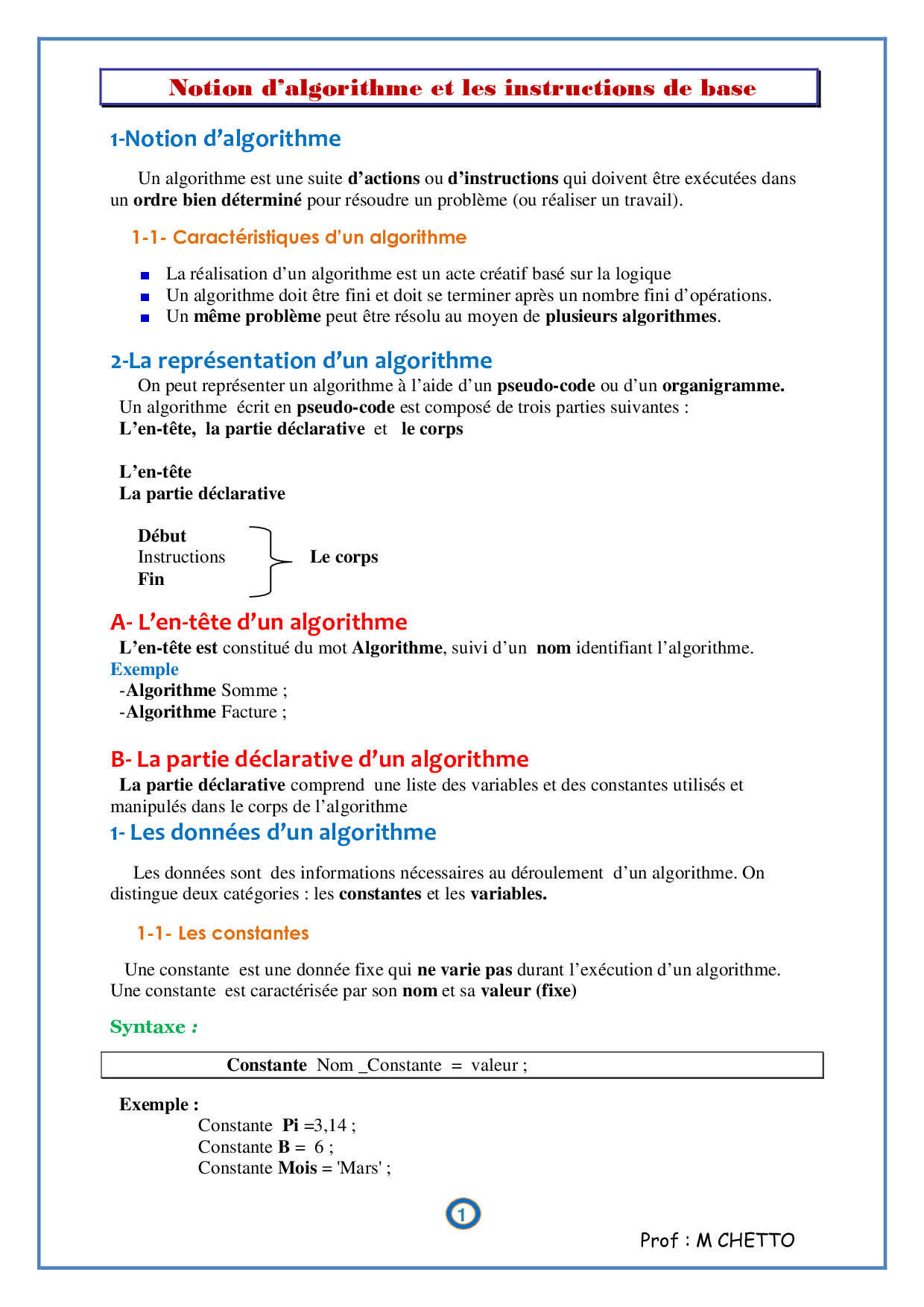 Notion d’algorithme et Instructions de base - AlloSchool