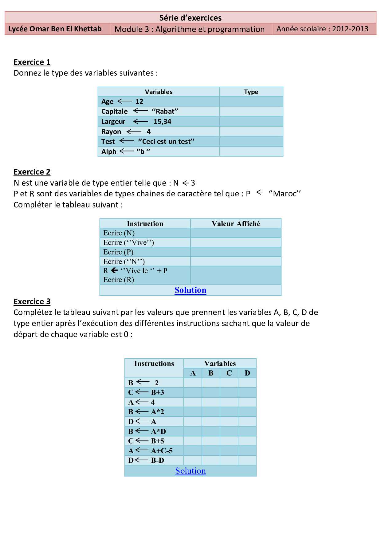 Algorithmes et programmation - Exercices non corrigés 1 - AlloSchool