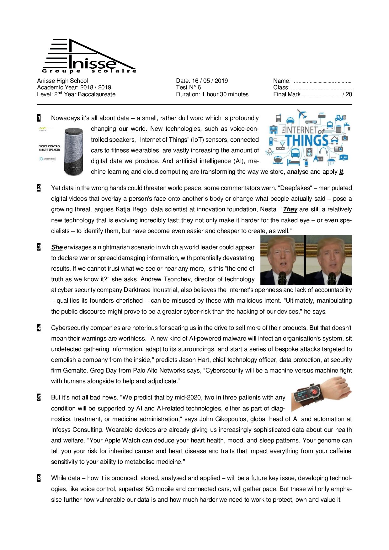 Test 2 Model 1 - English 2 Bac Second term - AlloSchool