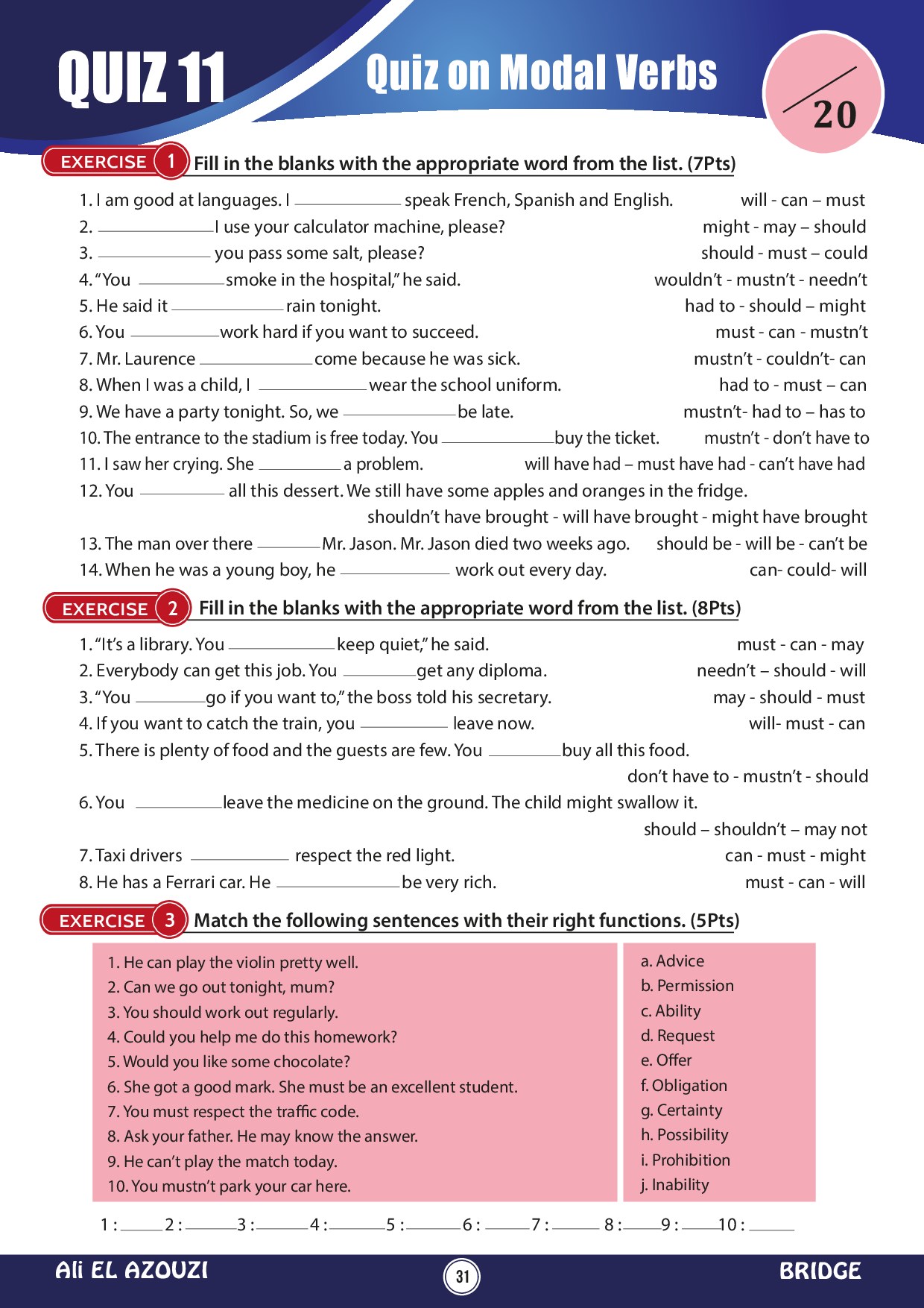 Quiz & exercises 11 - Modal verbs - AlloSchool