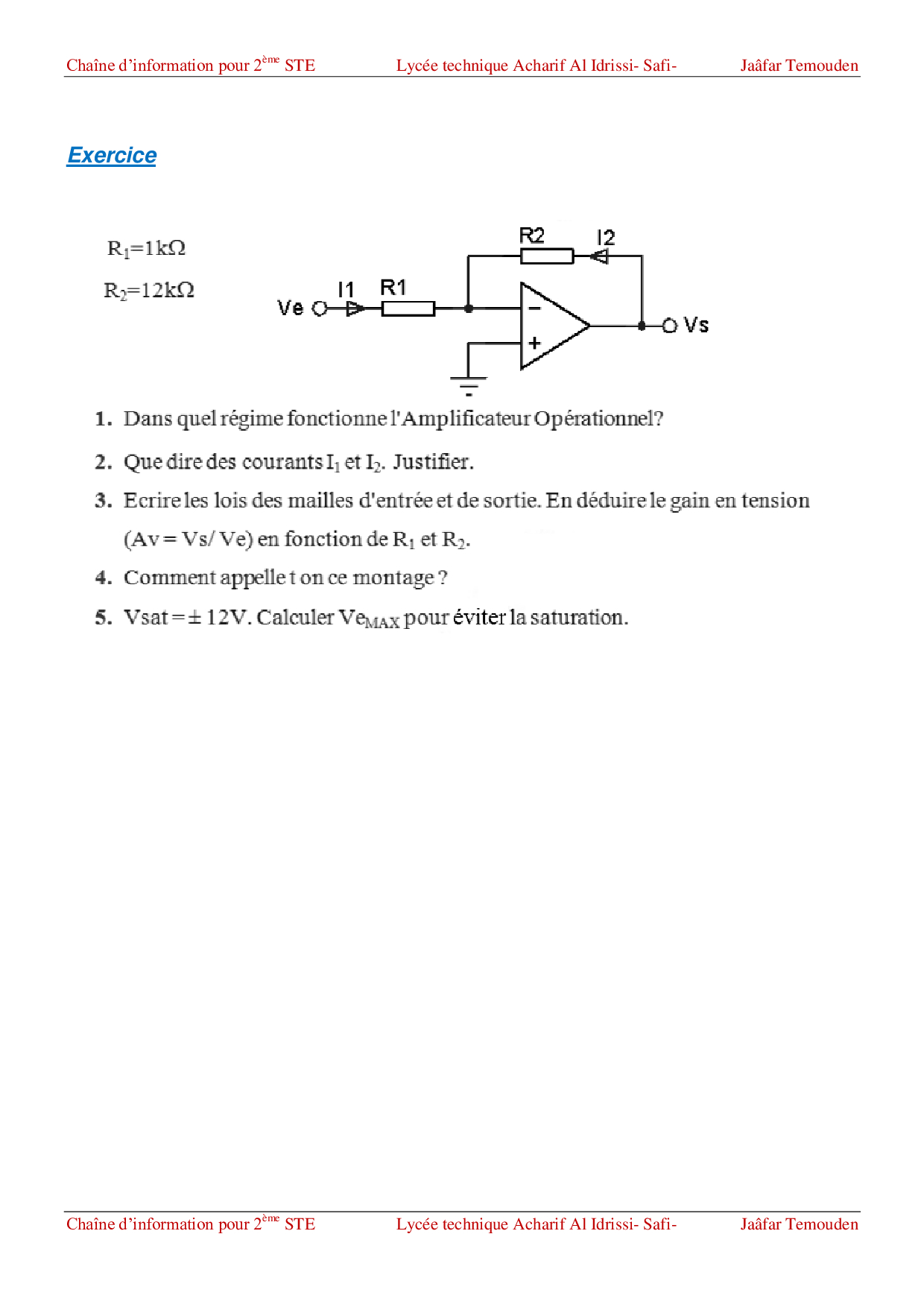 Amplificateur inverseur à AOP - Exercice - AlloSchool