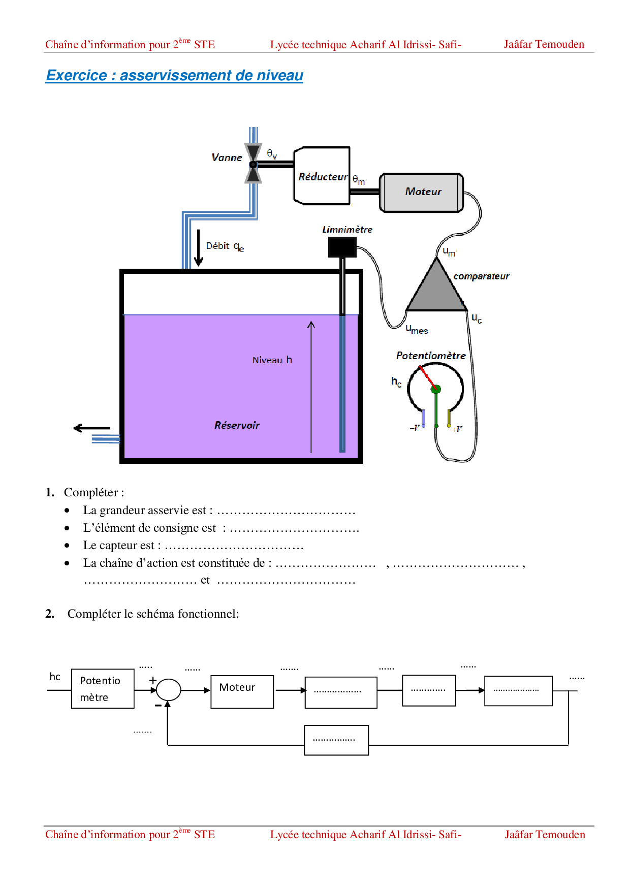 Asservissement de niveau - Exercice - AlloSchool