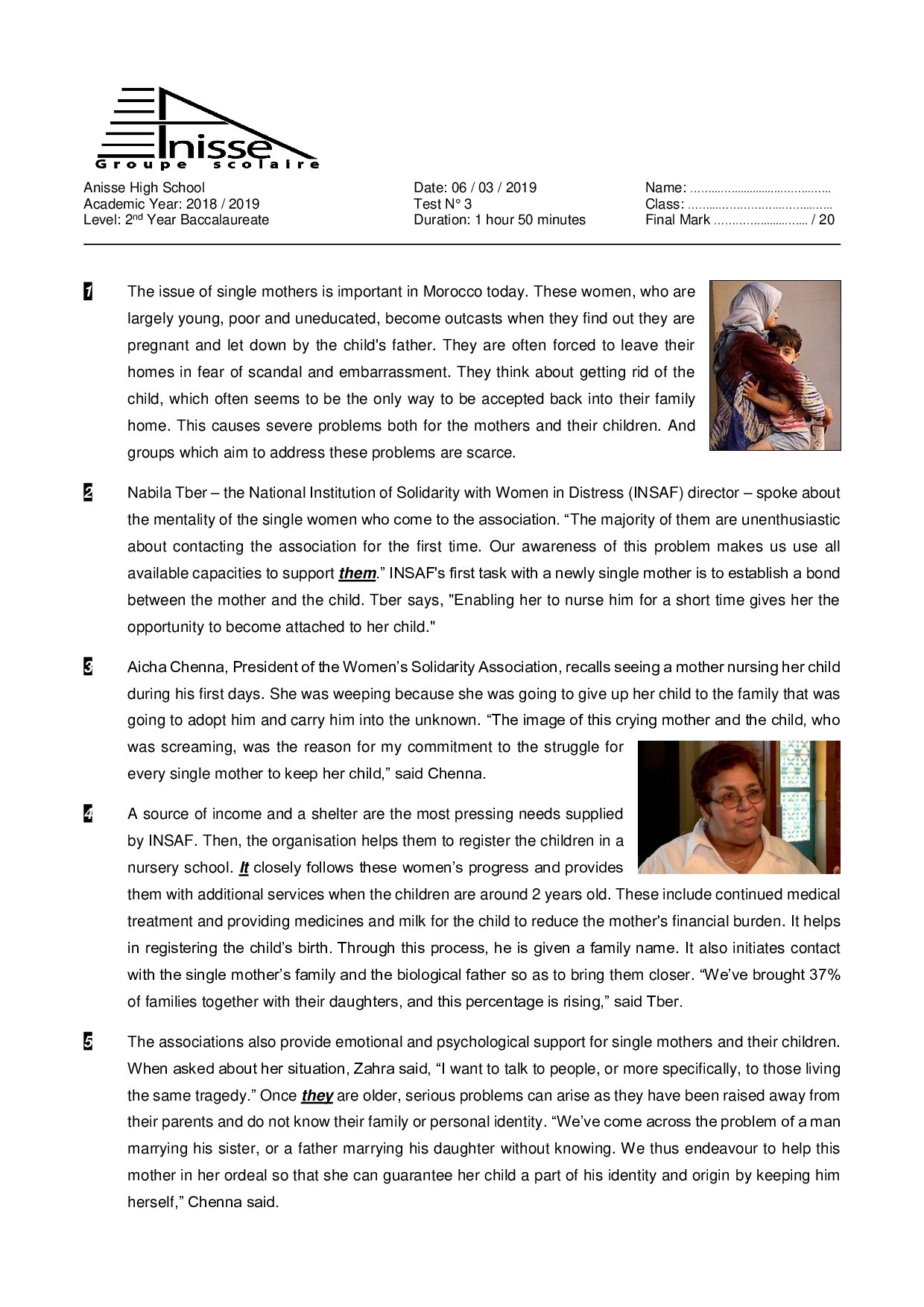 Test 1 Model 1 - English 2 Bac Second term - AlloSchool