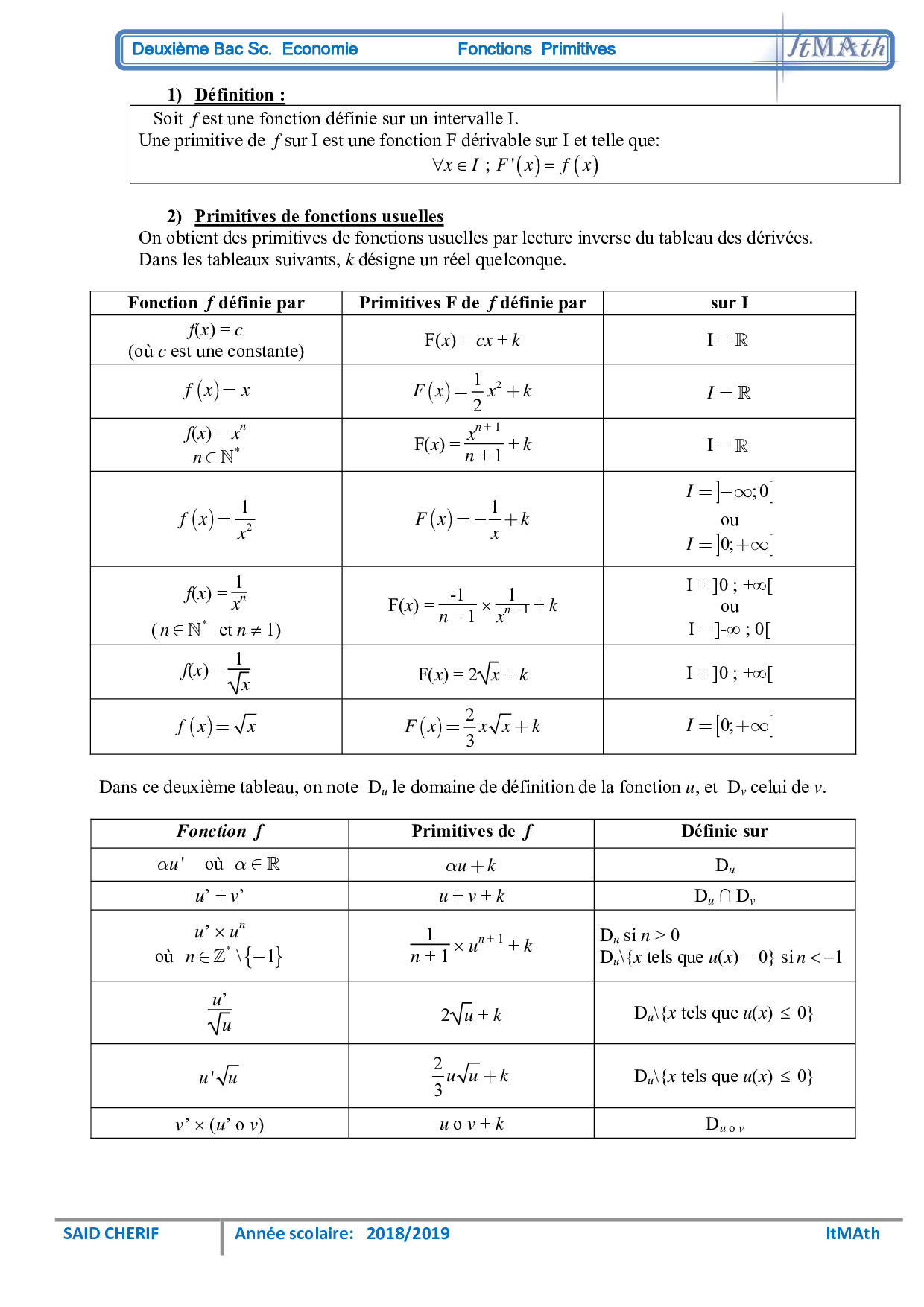 Fonctions primitives - Résumé de cours 2 - AlloSchool