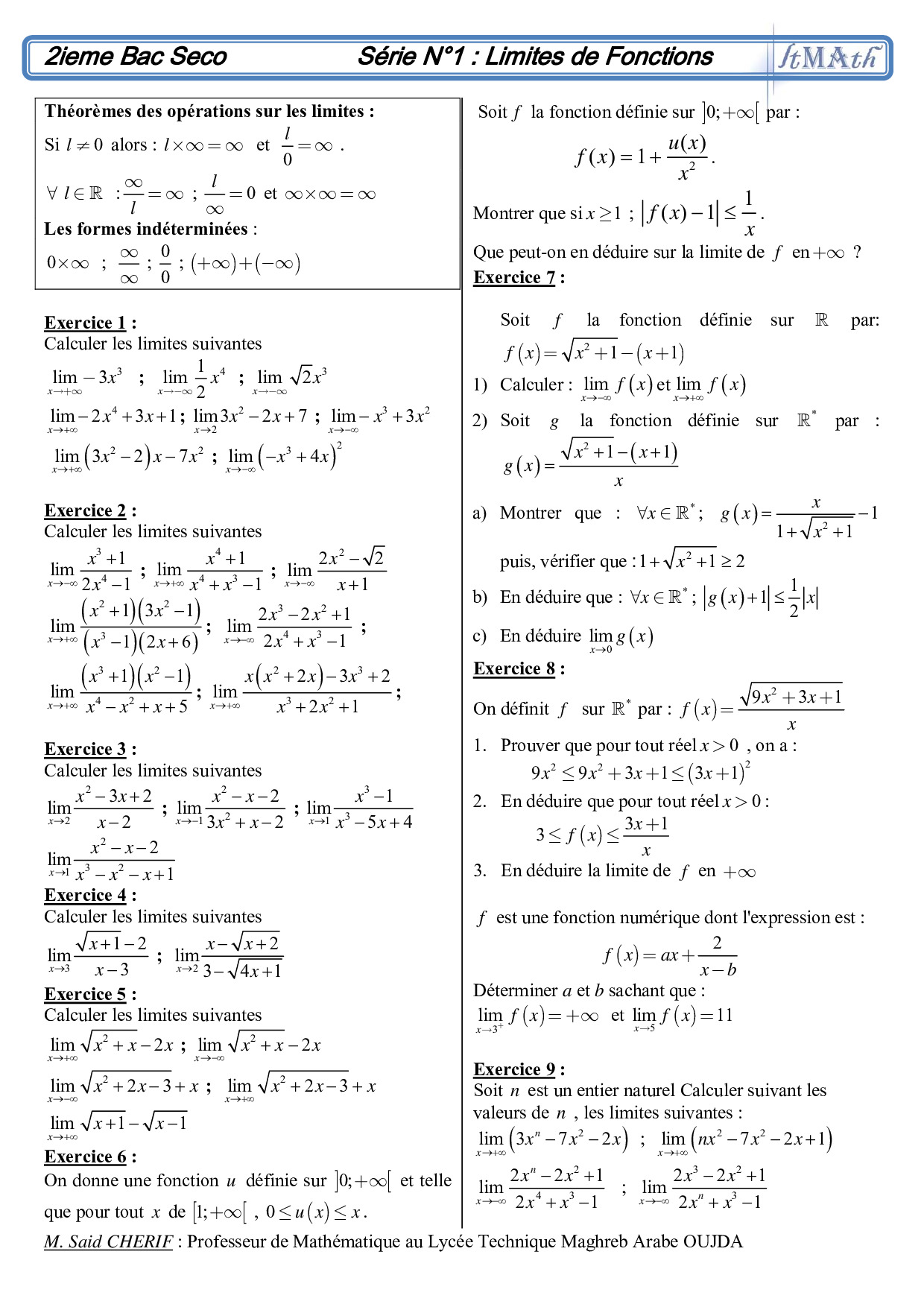 Limites - Exercices non corrigés 1 - AlloSchool