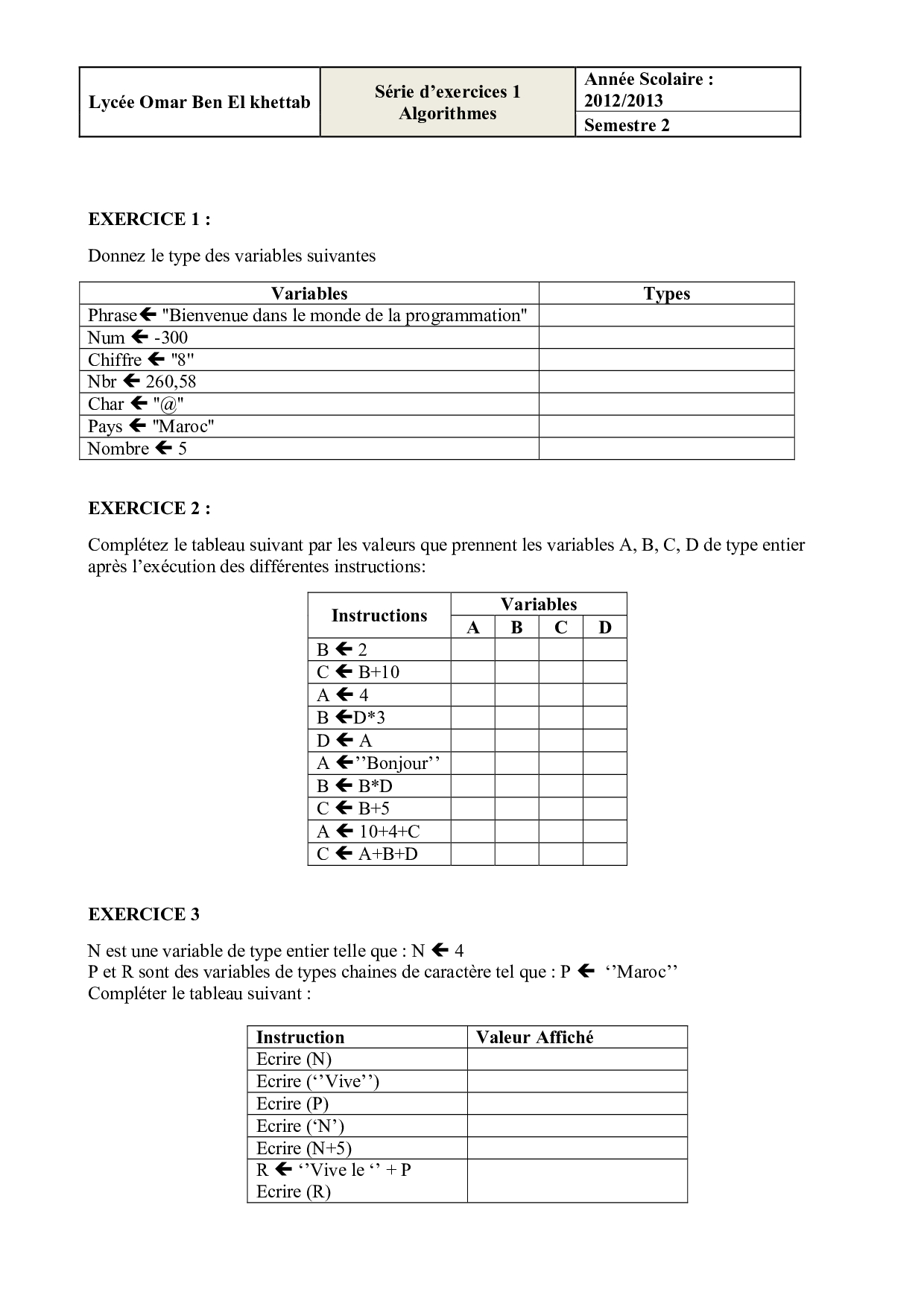 Algorithmes et programmation - Exercices non corrigés 2 - AlloSchool
