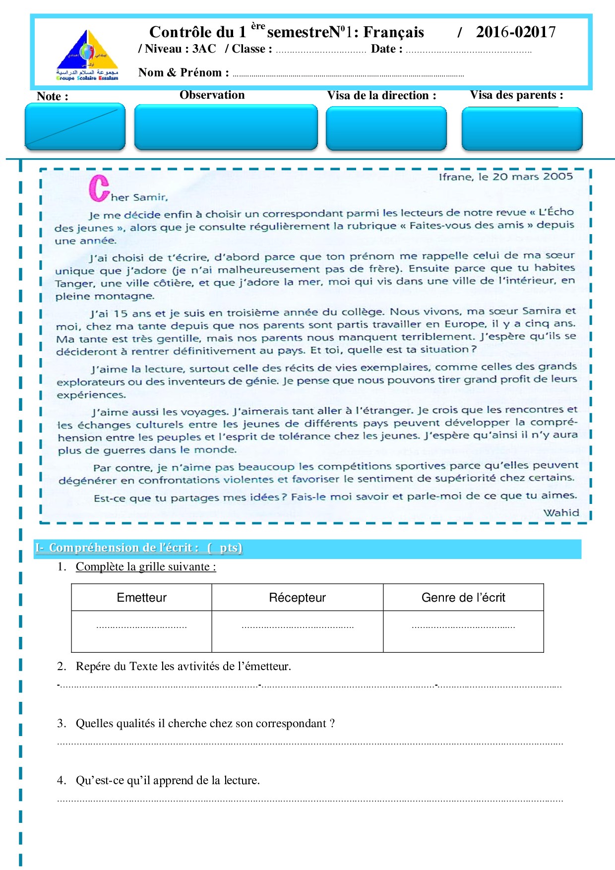 Devoir 1 Modèle 1 - Français 3AC Semestre 1 - AlloSchool