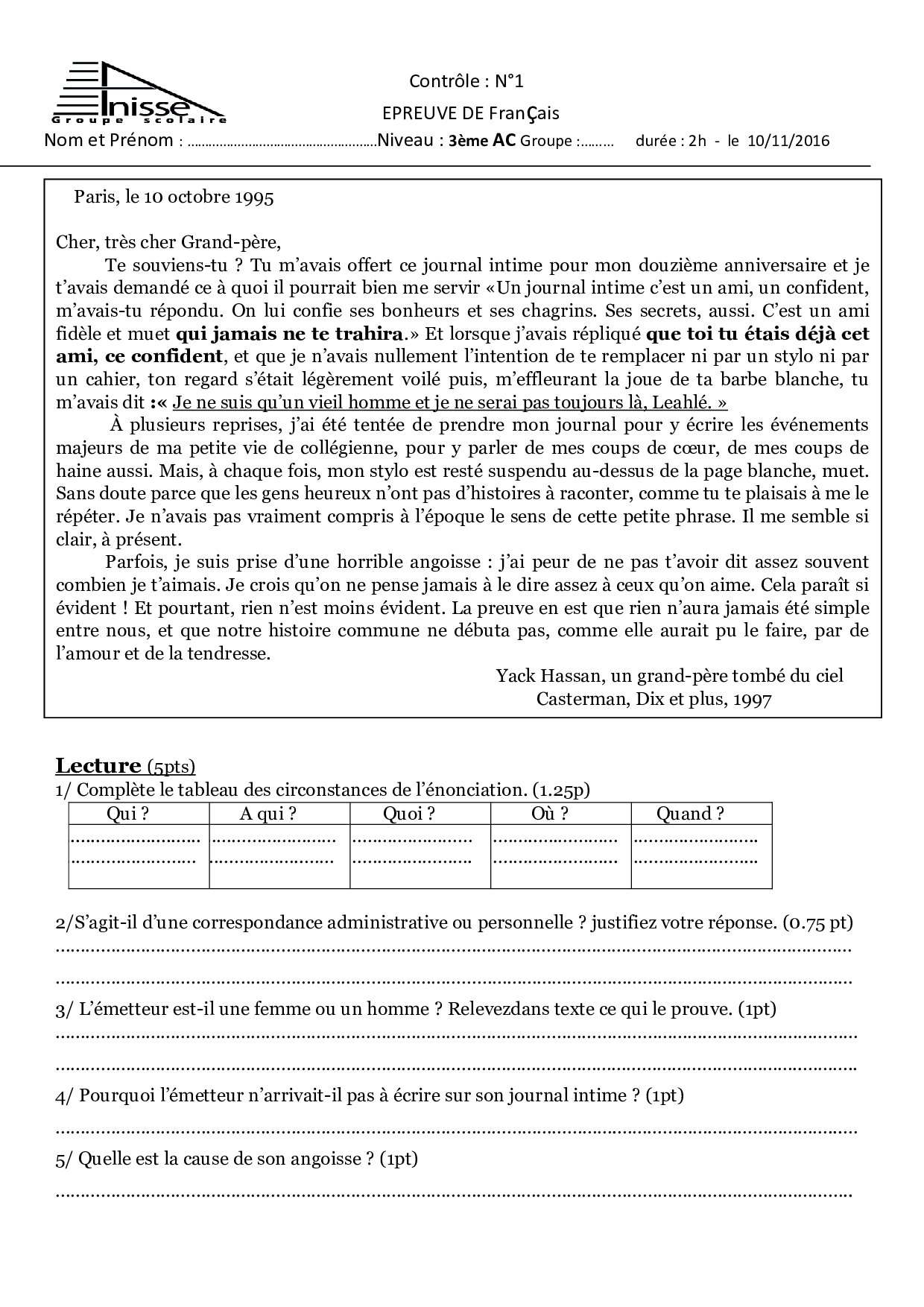 Devoir 1 Modèle 7 - Français 3AC Semestre 1 - AlloSchool