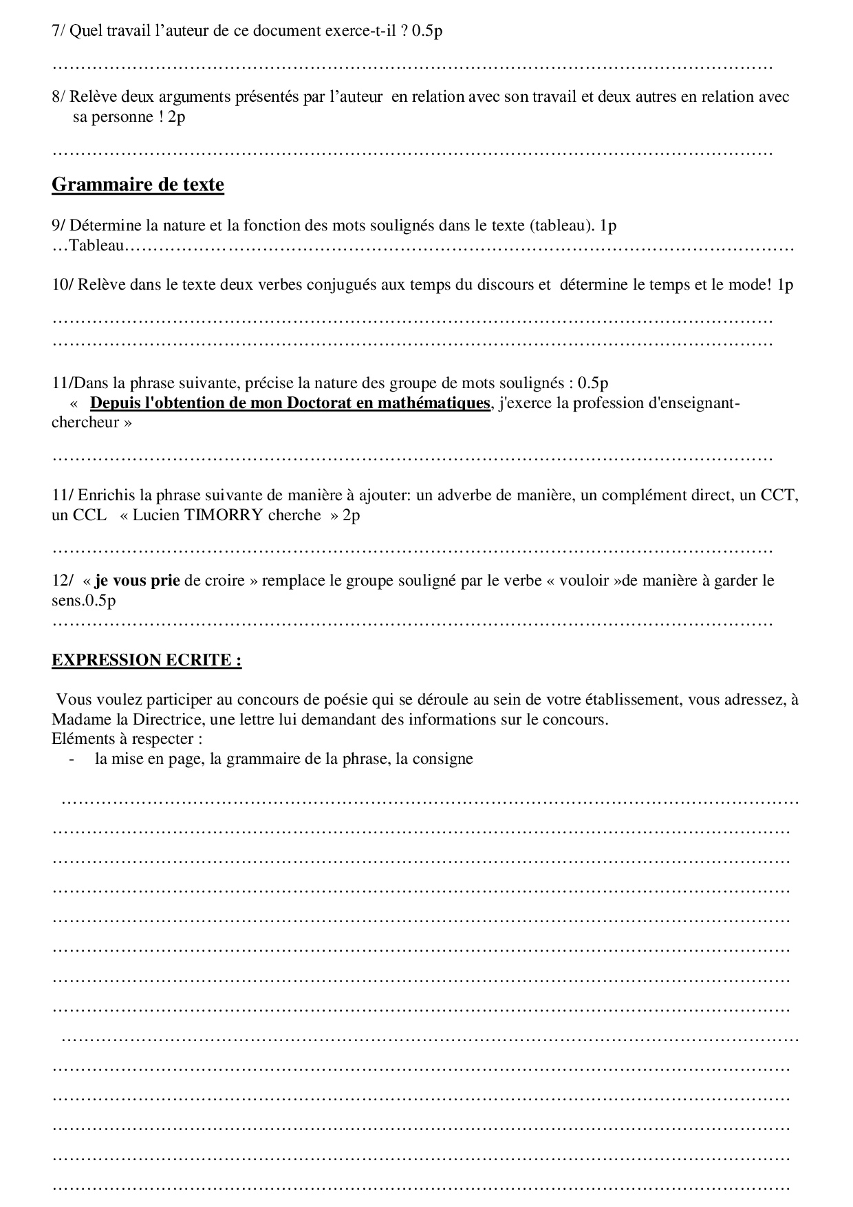 Devoir 1 Modèle 10 - Français 3AC Semestre 1 - AlloSchool