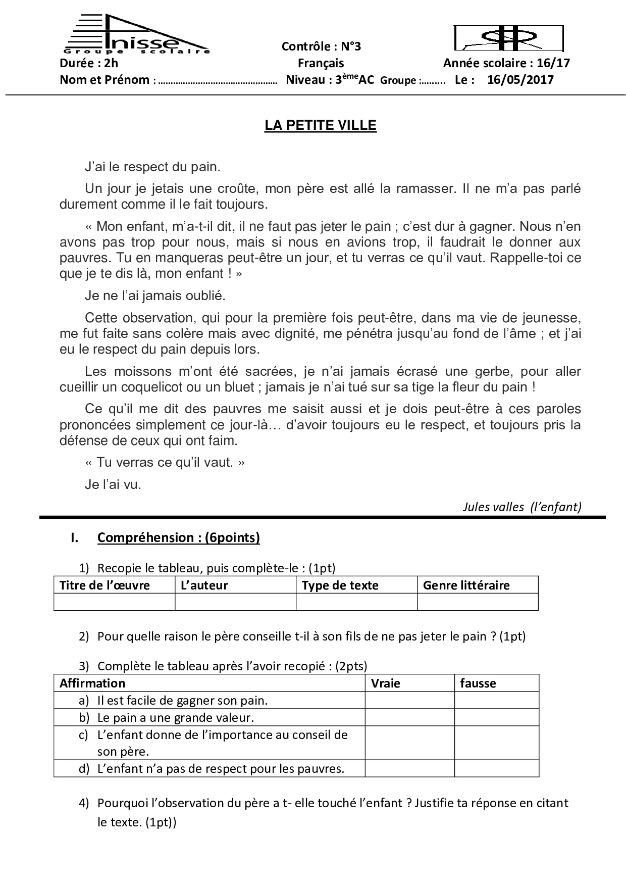 Devoir 3 Modèle 3 - Français 3AC Semestre 2 - AlloSchool