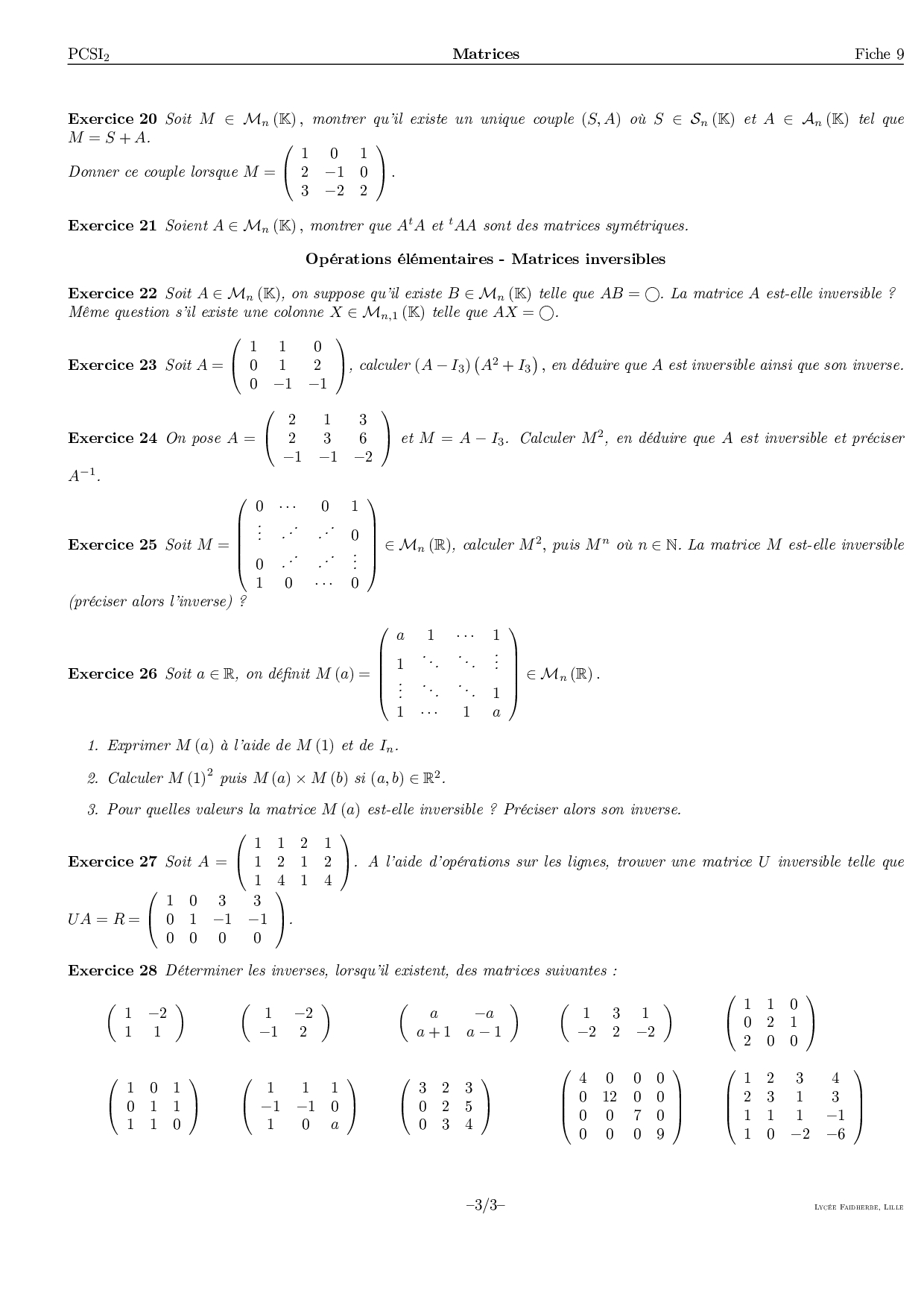 Matrices : Exercices non corrigés - AlloSchool