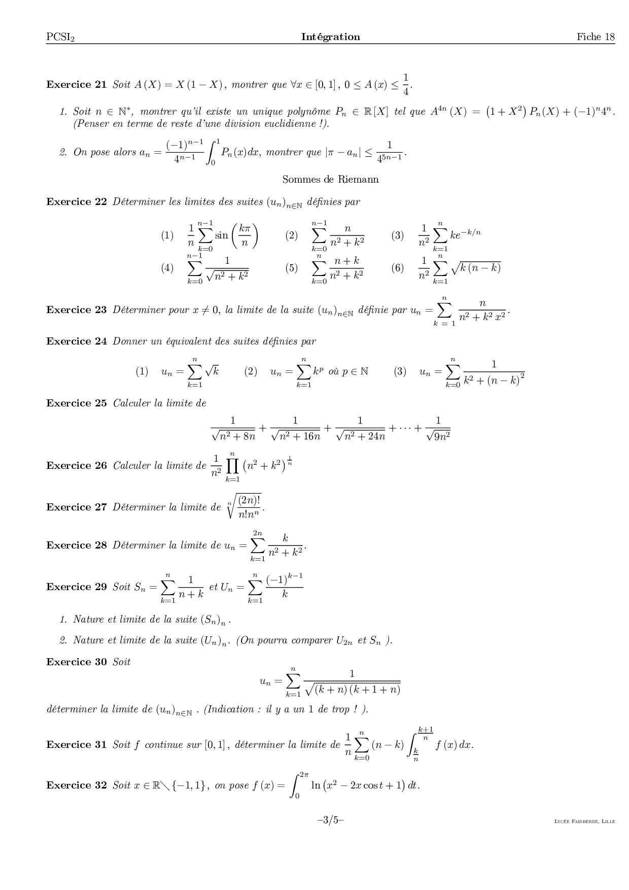 Intégration et sommes de Riemann : Exercices non corrigés - AlloSchool