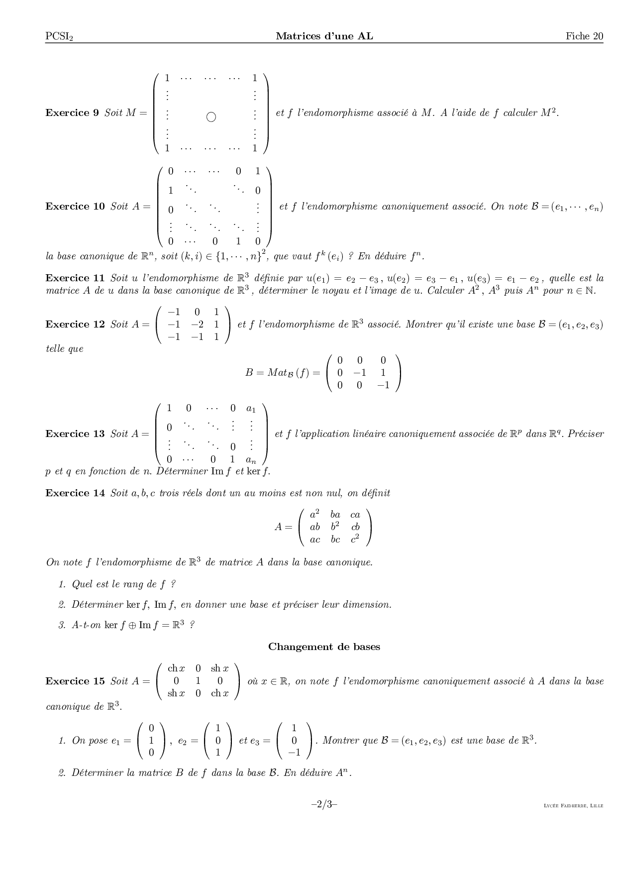 Matrices d'une application linéaire - Exercices non corrigés - AlloSchool