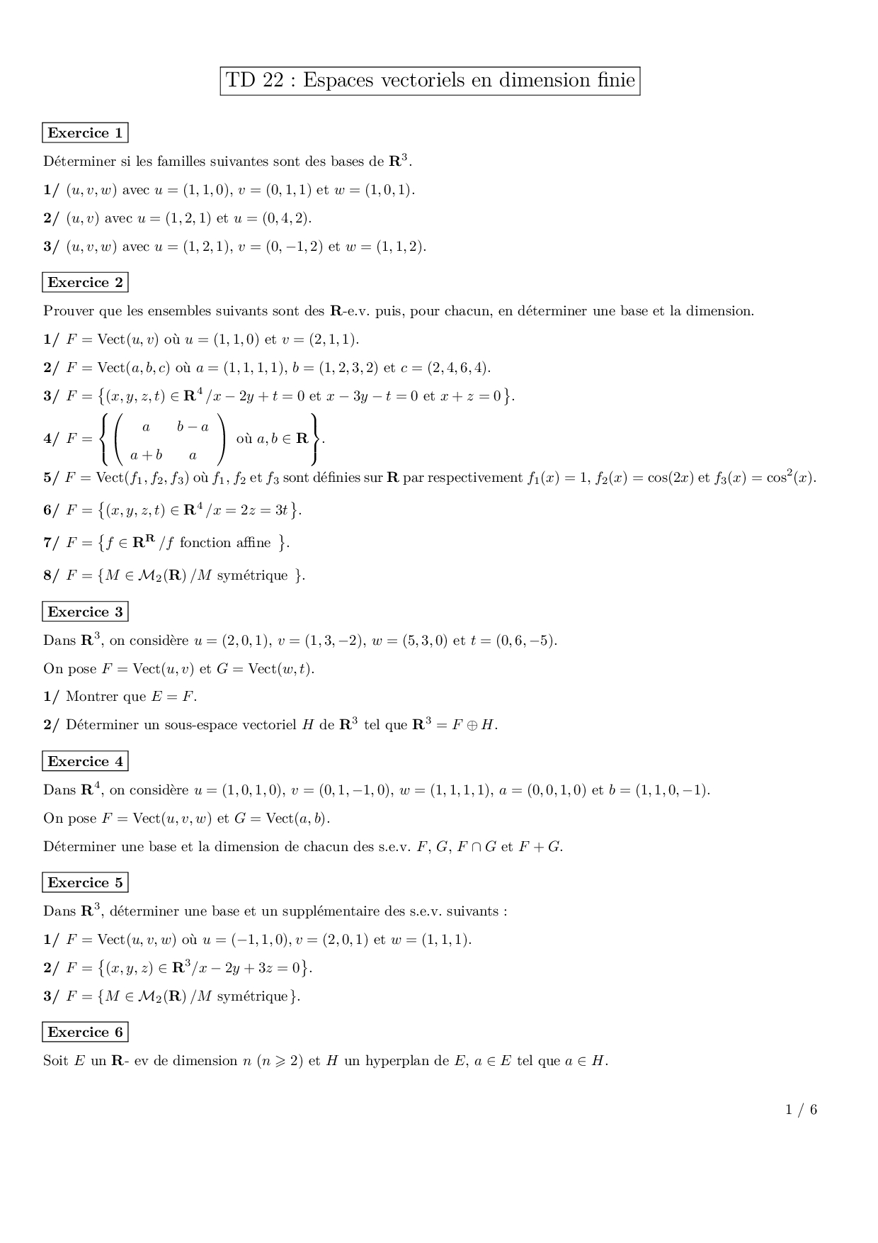 Espaces vectoriels de dimension finie : Exercices - AlloSchool