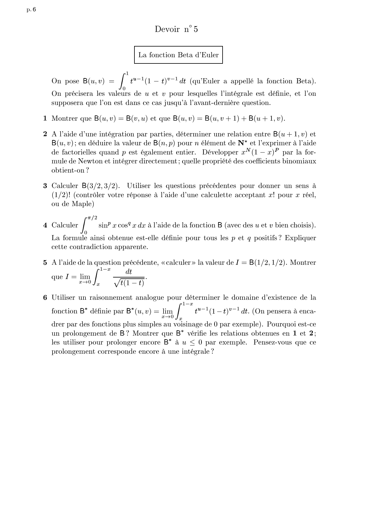 Problème 5 - Fonction Beta d'Euler : Enoncé - AlloSchool