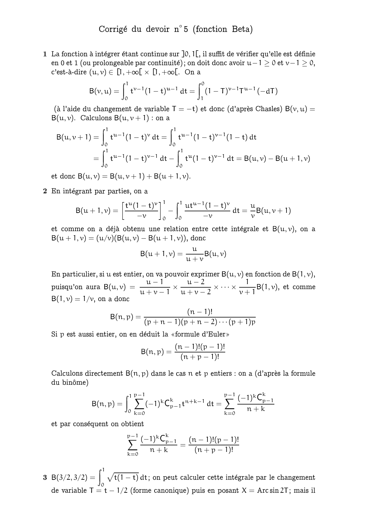 Problème 5 - Fonction Beta d'Euler : Corrigé - AlloSchool