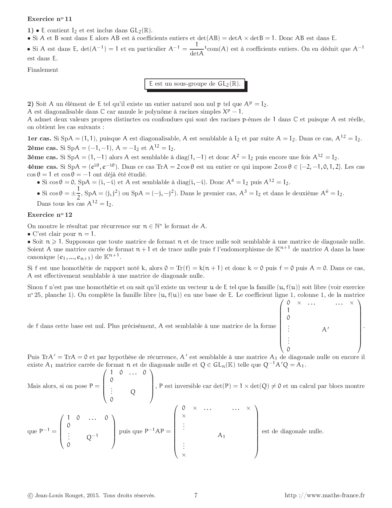 Corrigés Exercices Réduction des endomorphismes et des matrices carrées ...