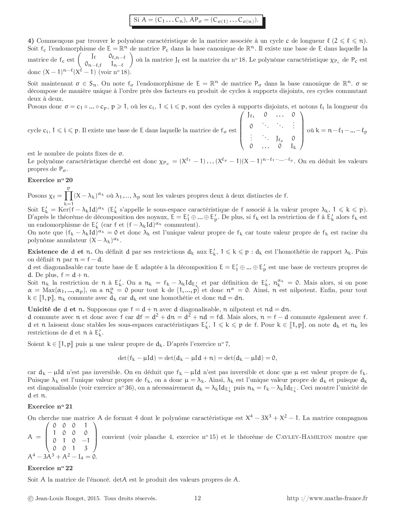 Corrigés Exercices Réduction des endomorphismes et des matrices carrées ...