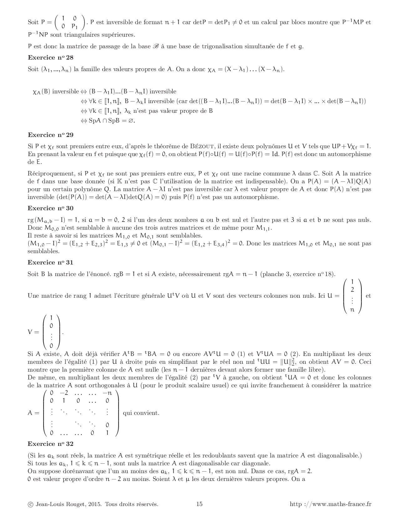 Corrigés Exercices Réduction des endomorphismes et des matrices carrées ...