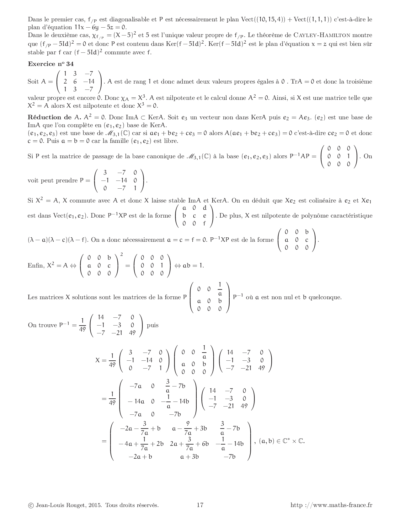 Corrigés Exercices Réduction des endomorphismes et des matrices carrées ...