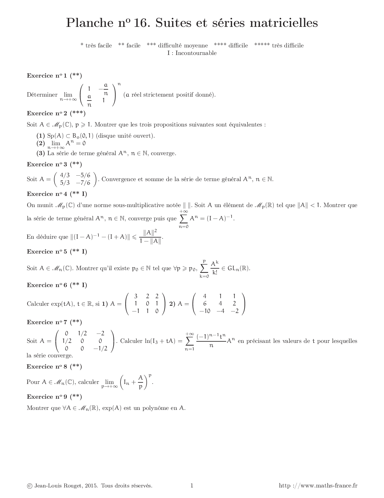 Exercices Suites et séries de matrices - AlloSchool