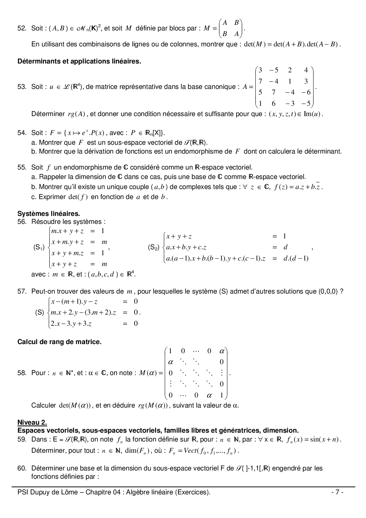 Algèbre linéaire : Exercices (3 niveaux) - AlloSchool