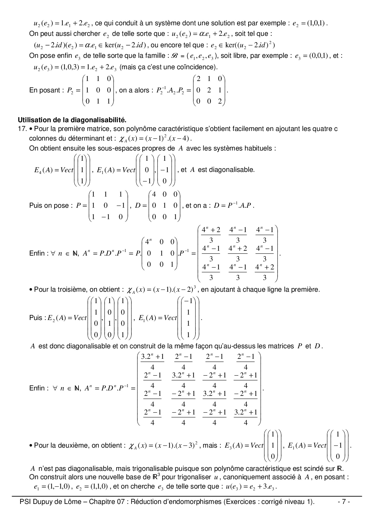 Réduction d’endomorphismes : Corrigé niveau 1 - AlloSchool