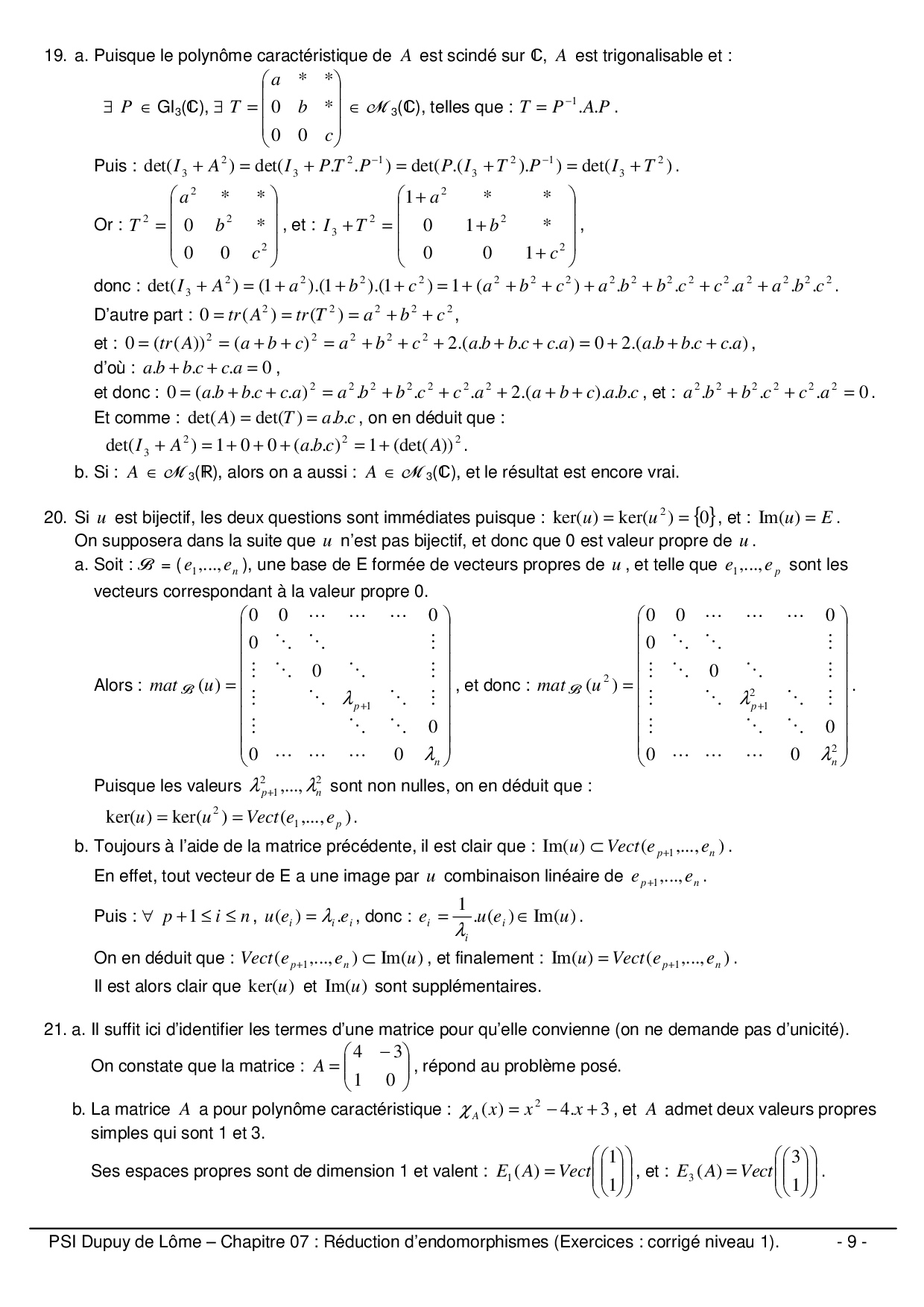 Réduction d’endomorphismes : Corrigé niveau 1 - AlloSchool