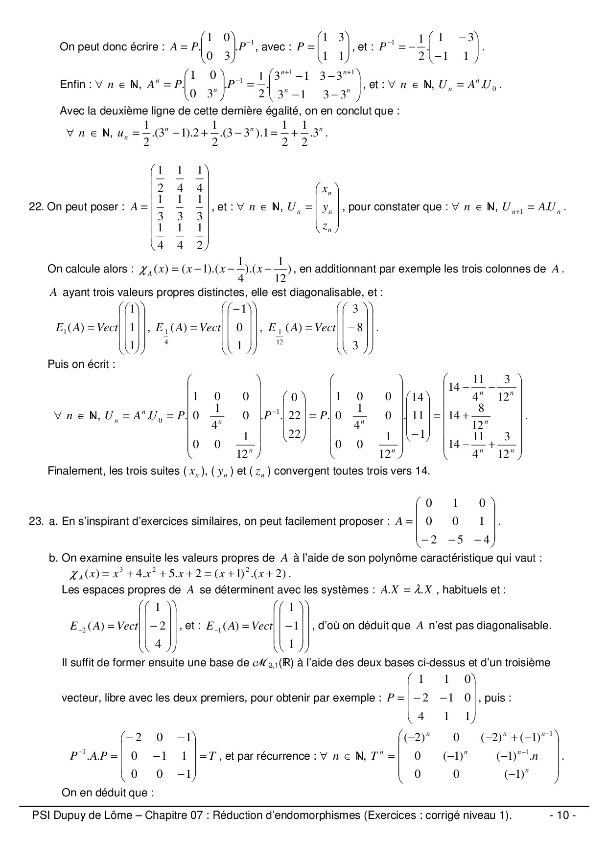 Réduction d’endomorphismes : Corrigé niveau 1 - AlloSchool