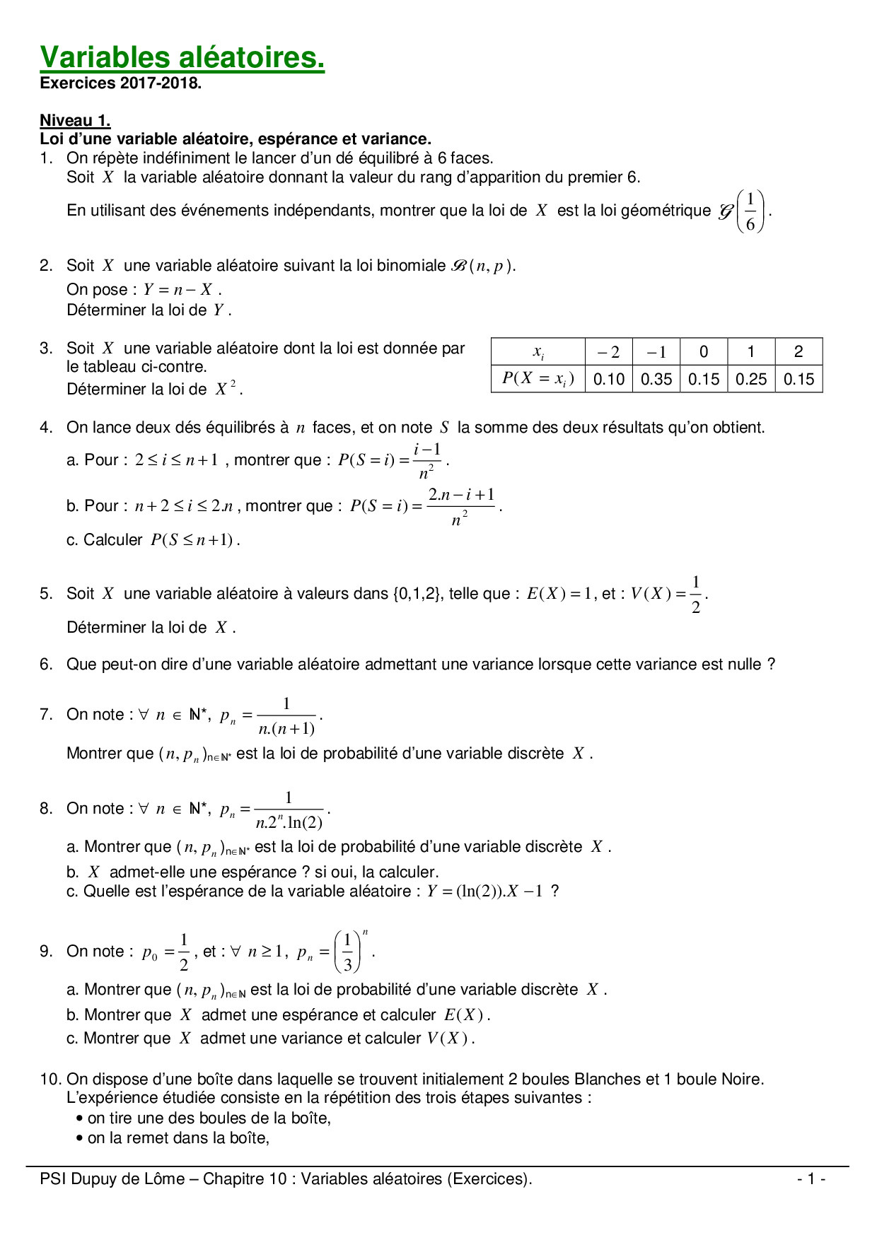 Variables aléatoires - Exercices (3 niveaux) - AlloSchool