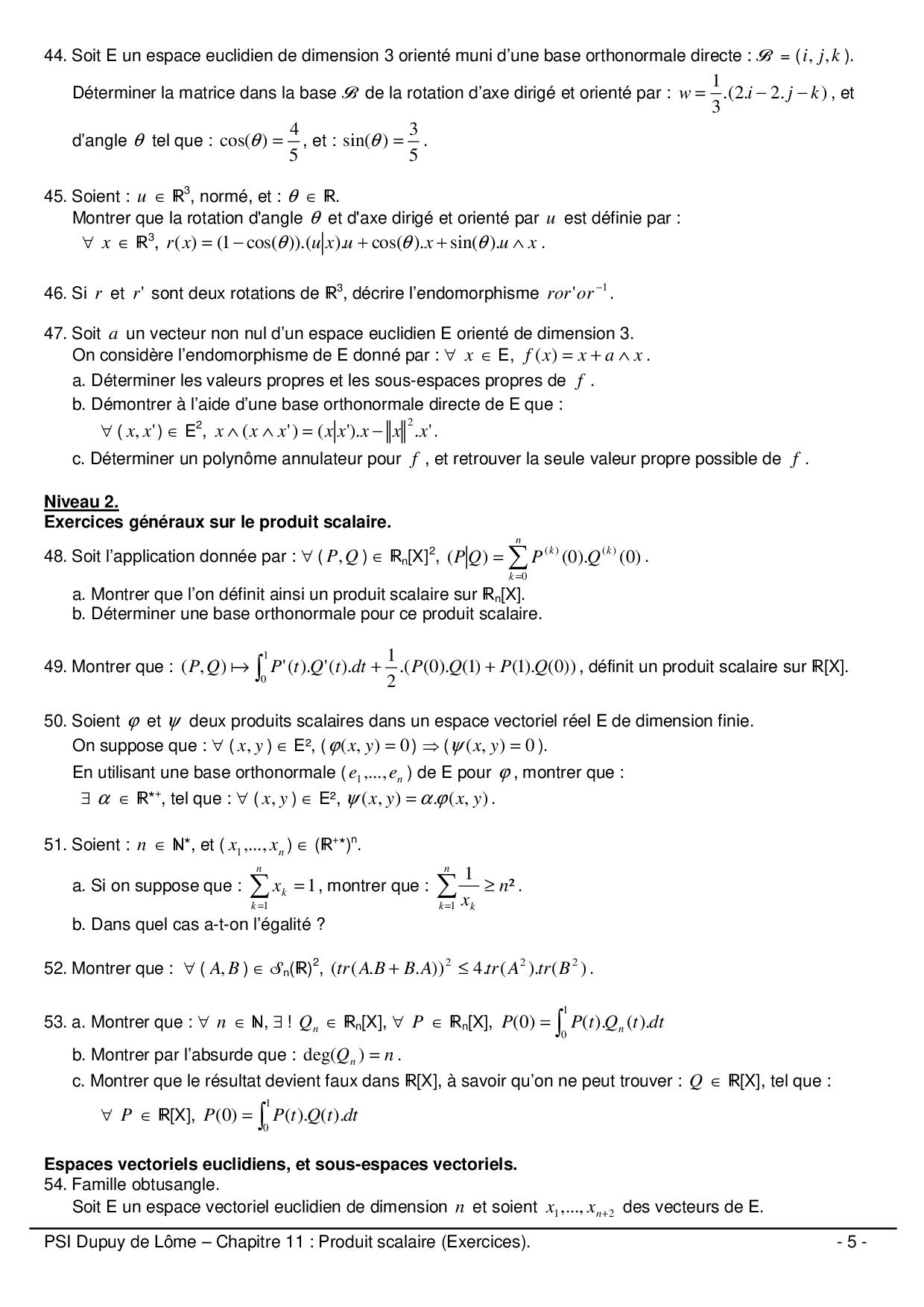 Produit scalaire, espaces euclidiens - Exercices (3 niveaux) - AlloSchool