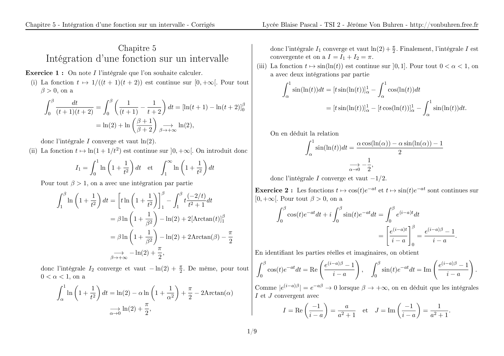Corrigés Exercices Intégrale sur un intervalle quelconque - AlloSchool