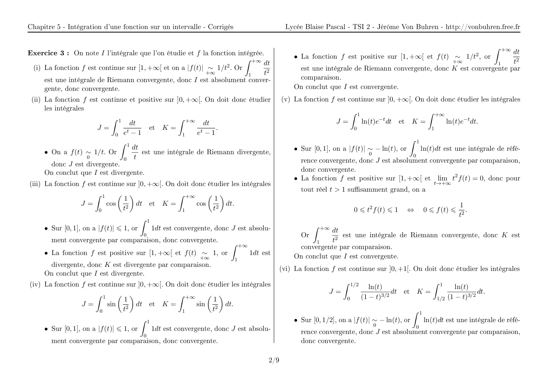 Corrigés Exercices Intégrale sur un intervalle quelconque - AlloSchool