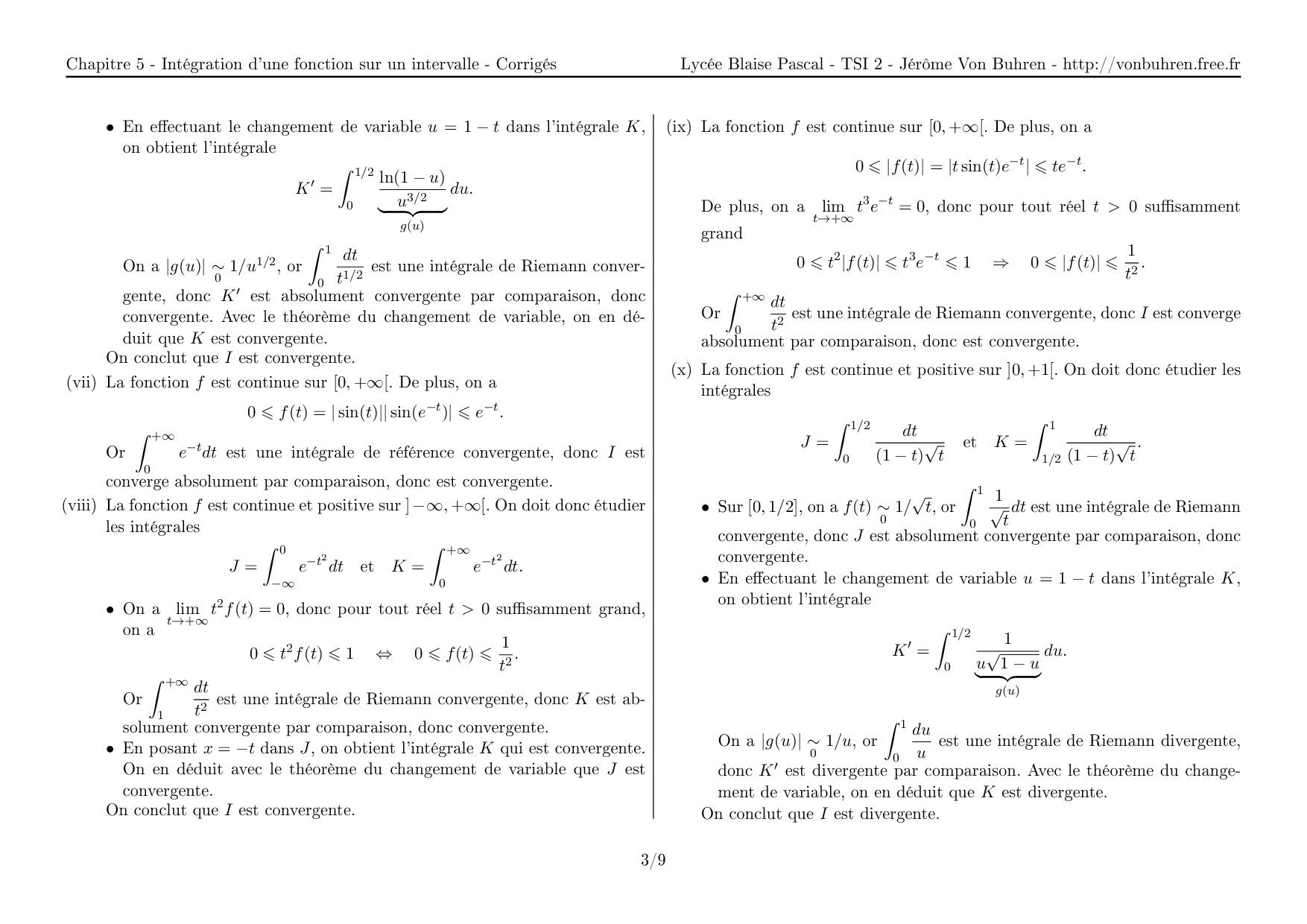Corrigés Exercices Intégrale sur un intervalle quelconque - AlloSchool