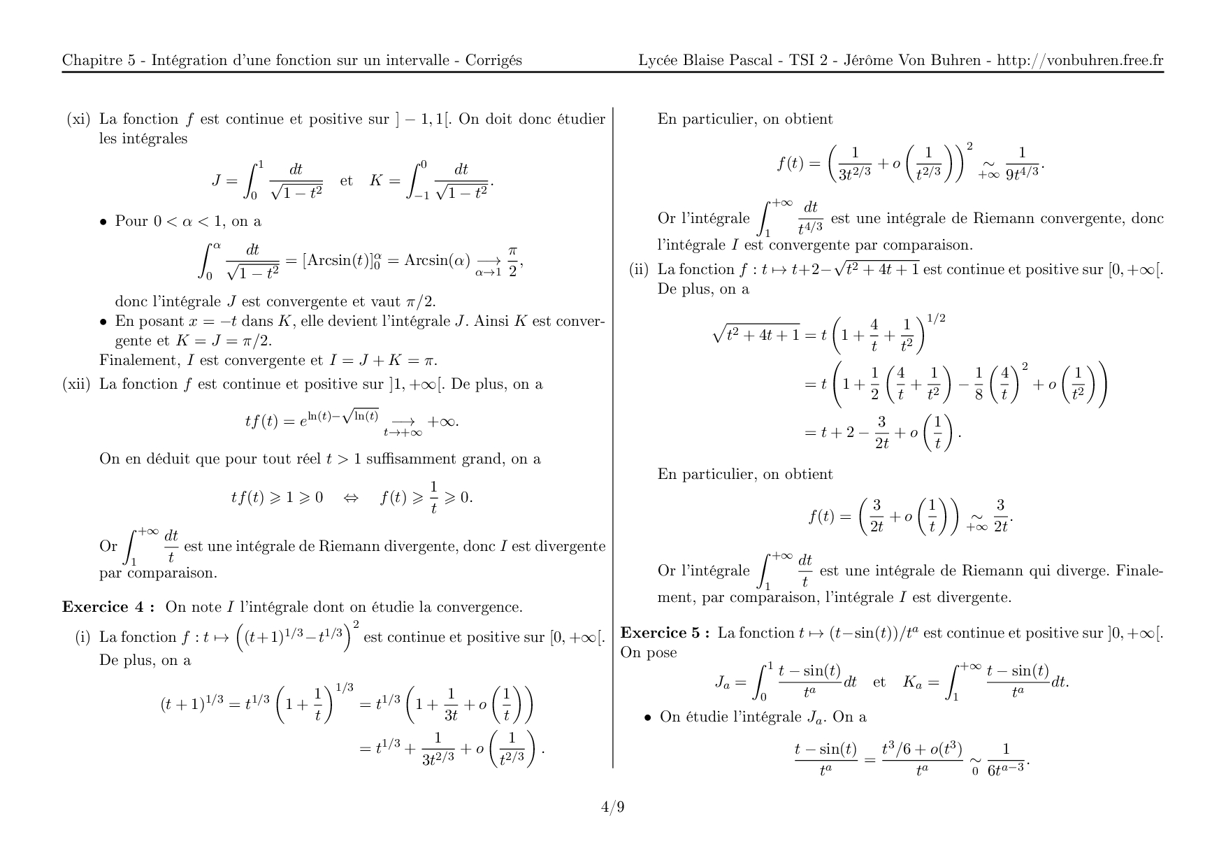 Corrigés Exercices Intégrale sur un intervalle quelconque - AlloSchool