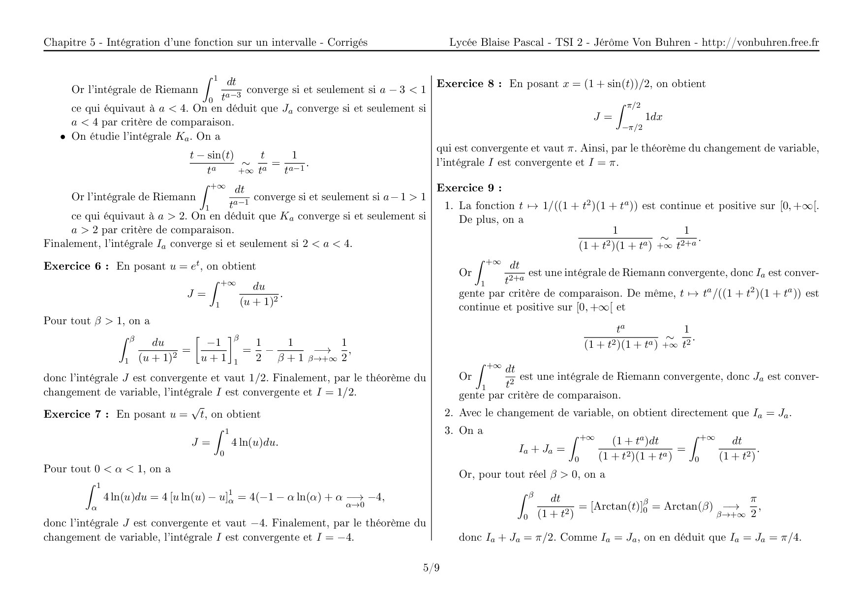 Corrigés Exercices Intégrale sur un intervalle quelconque - AlloSchool