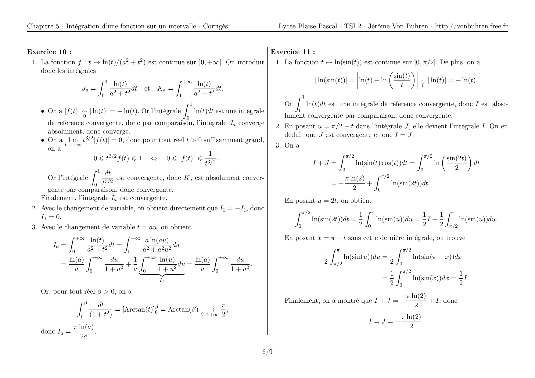 Corrigés Exercices Intégrale sur un intervalle quelconque - AlloSchool