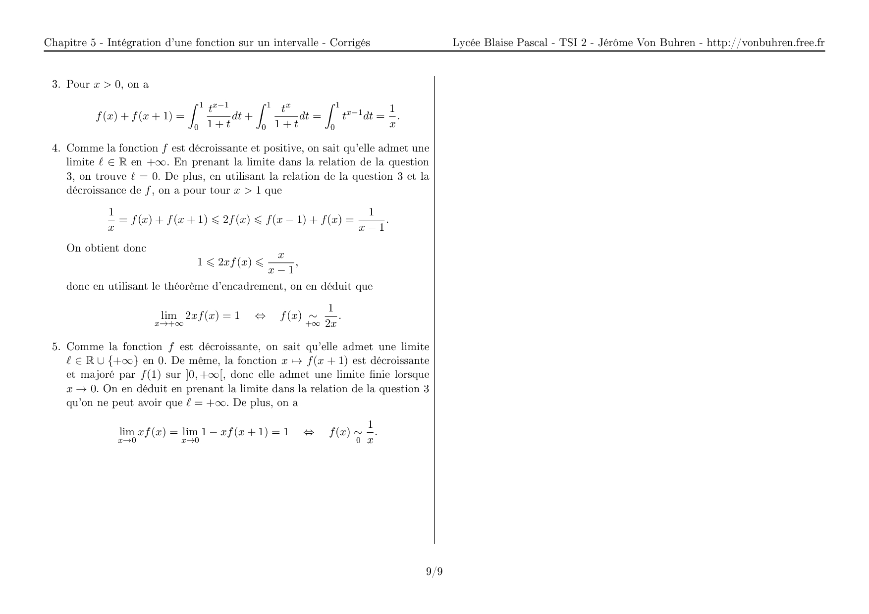 Corrigés Exercices Intégrale sur un intervalle quelconque - AlloSchool