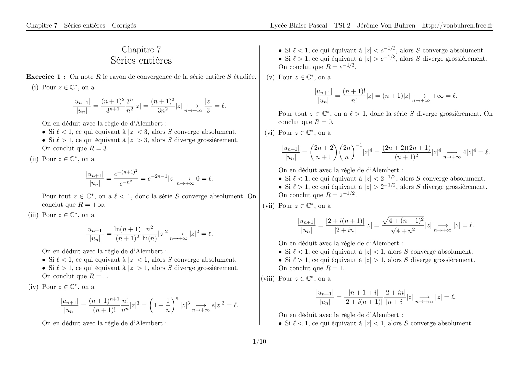 Corrigés Exercices Séries entières - AlloSchool