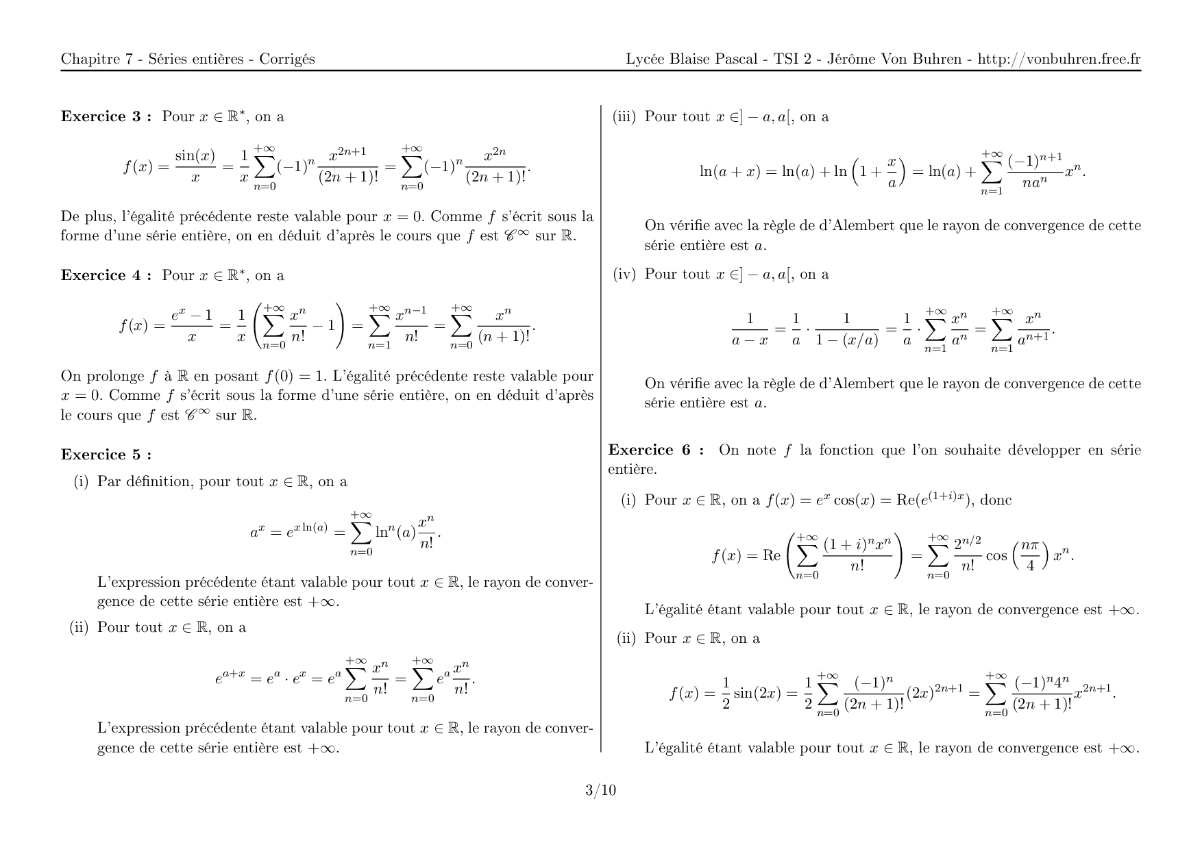 Corrigés Exercices Séries entières - AlloSchool