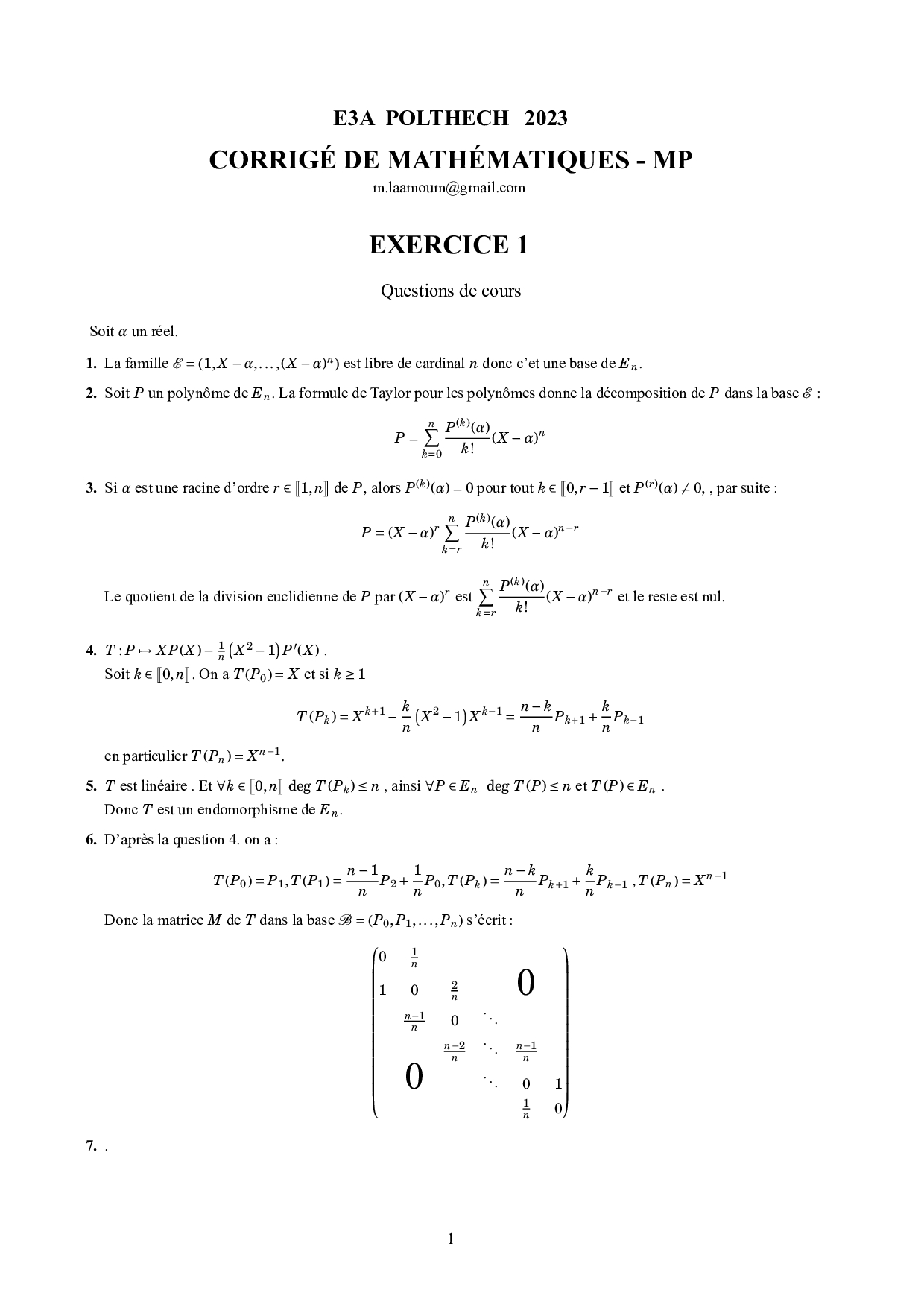 E3A MP 2023 Maths 1 - Corrigé - AlloSchool