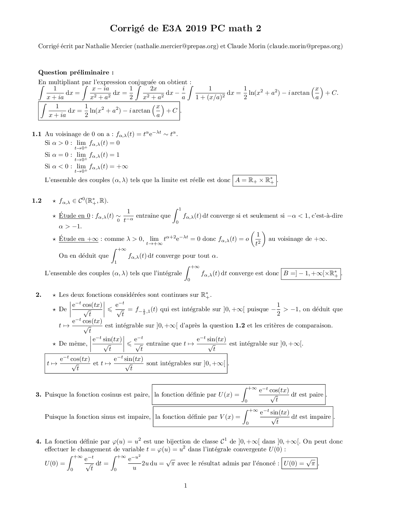 E3A PC 2019 Maths 2 - Corrigé - AlloSchool