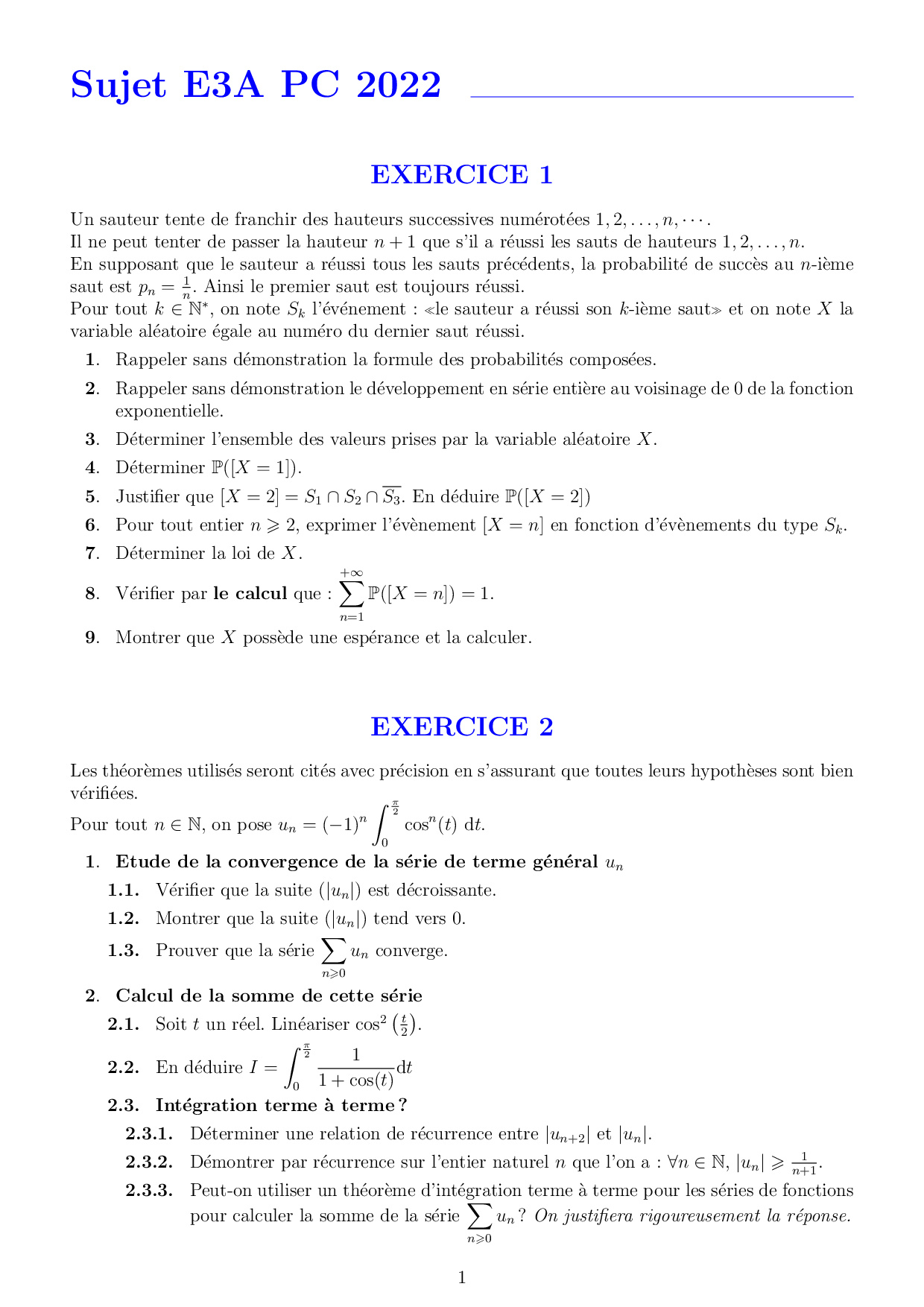 E3A PC 2022 Maths - Sujet - AlloSchool