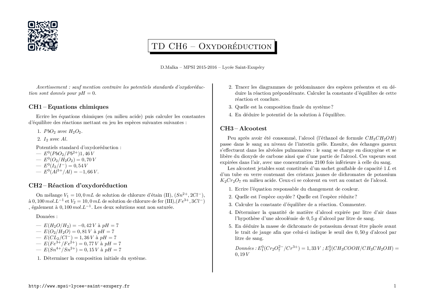 Equilibres d'oxydo-réduction : Exercices - AlloSchool