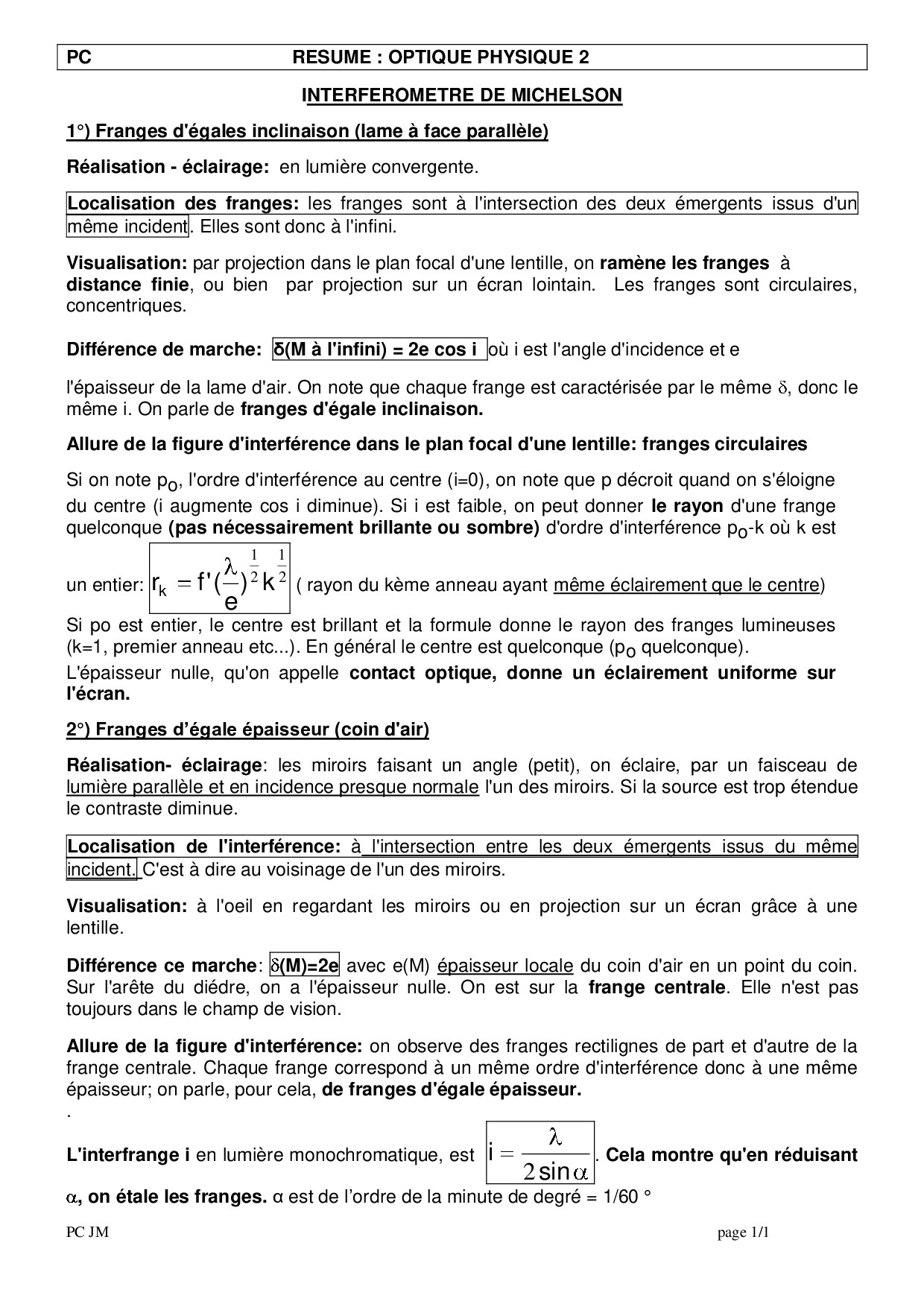 Résumé Optique physique 2 : Interféromètre de Michelson - AlloSchool