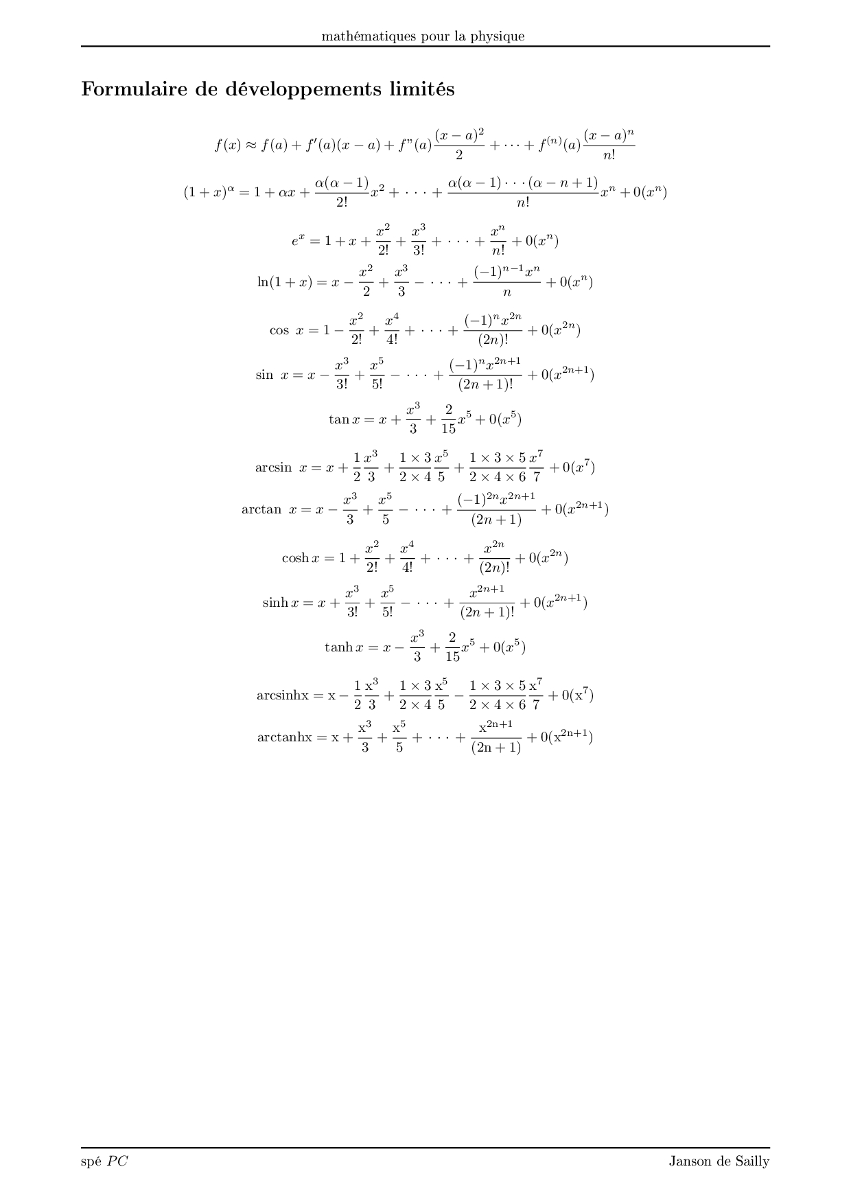 Formulaire de développements limités - AlloSchool
