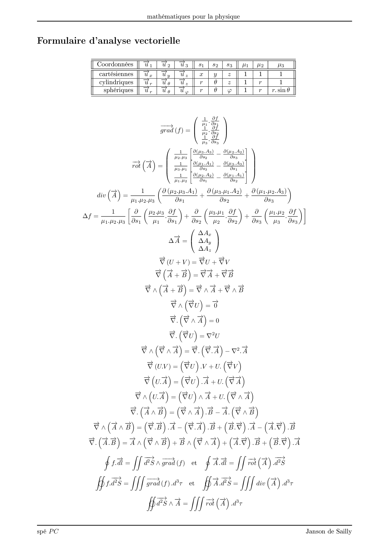 Formulaire d'analyse vectorielle - AlloSchool