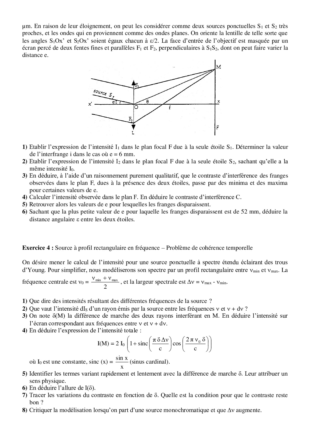 Exemple de dispositif interférentiel par division du front d'onde (Trous d'Young) - Exercices ...