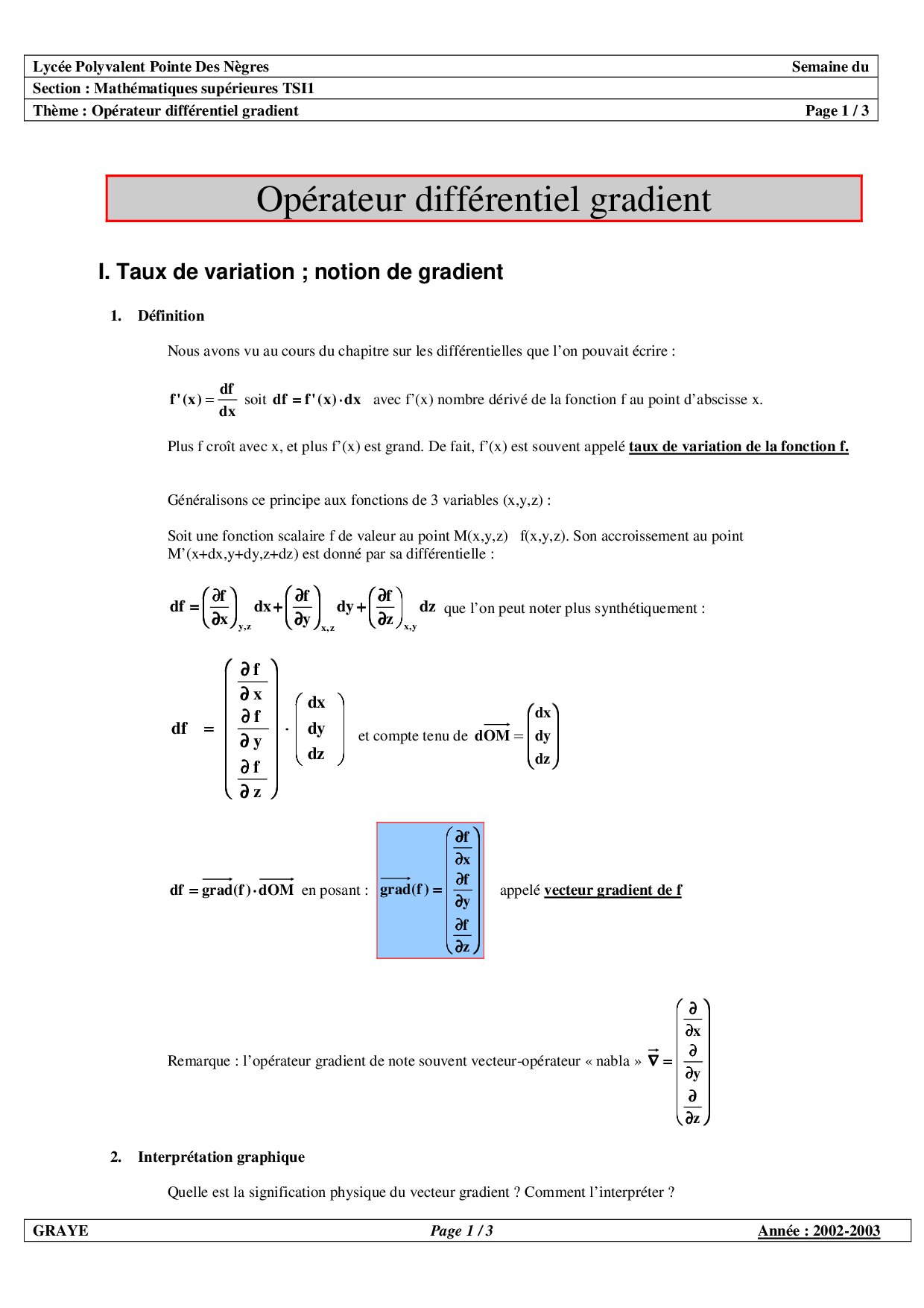 Opérateur différentiel gradient - AlloSchool