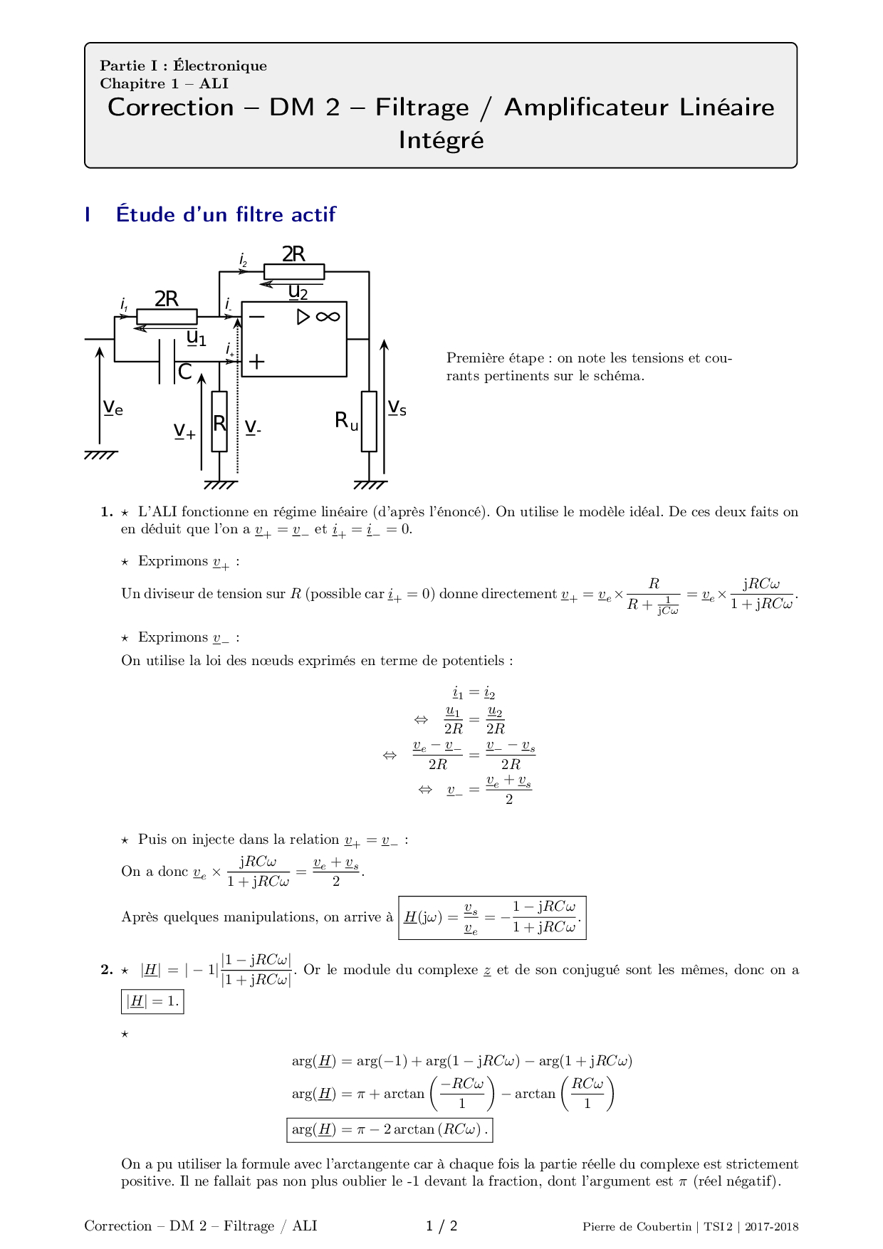 Etude d'un filtre actif - Corrigé - AlloSchool